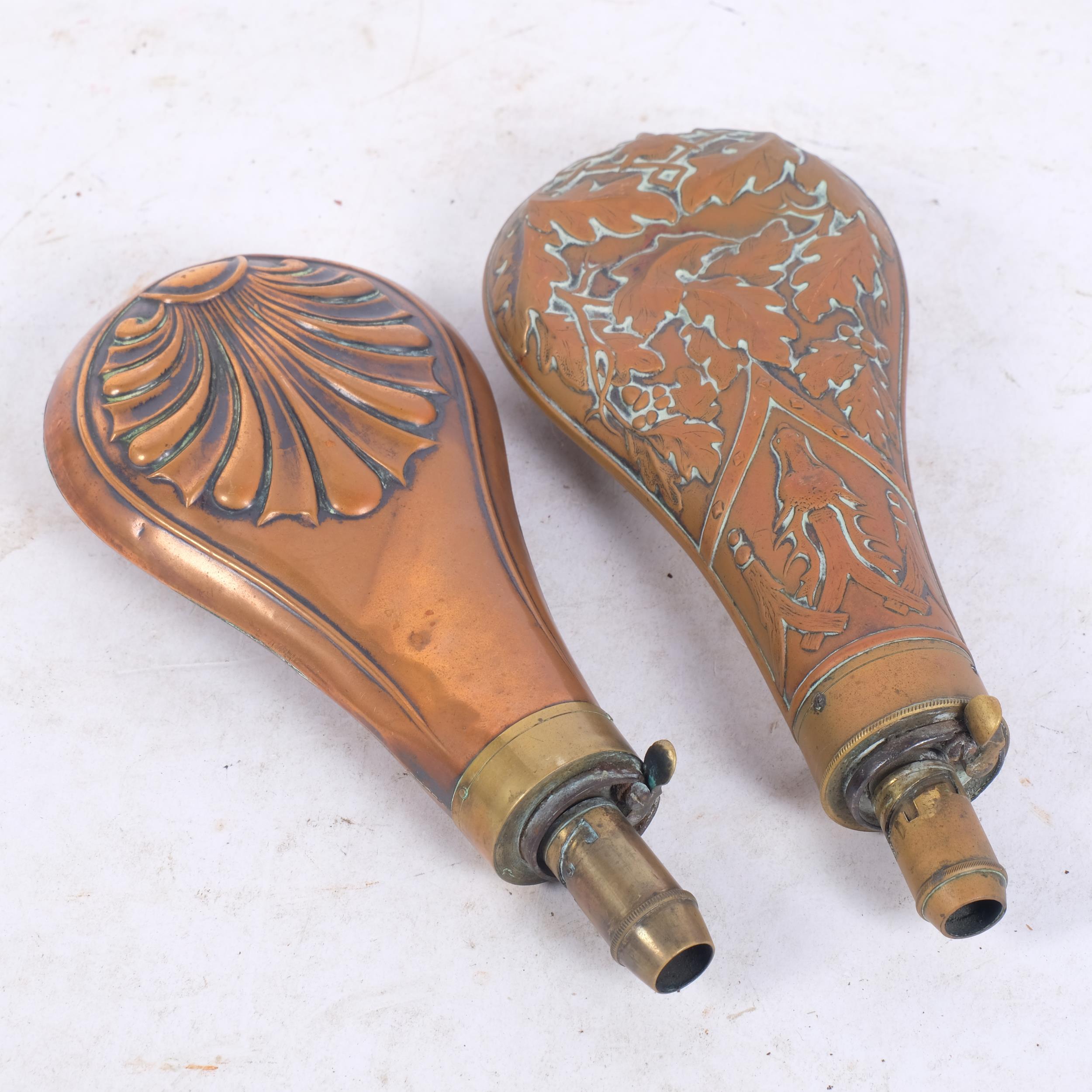 2 Antique embossed copper shot flasks, 1 with deer and oakleaf design ...