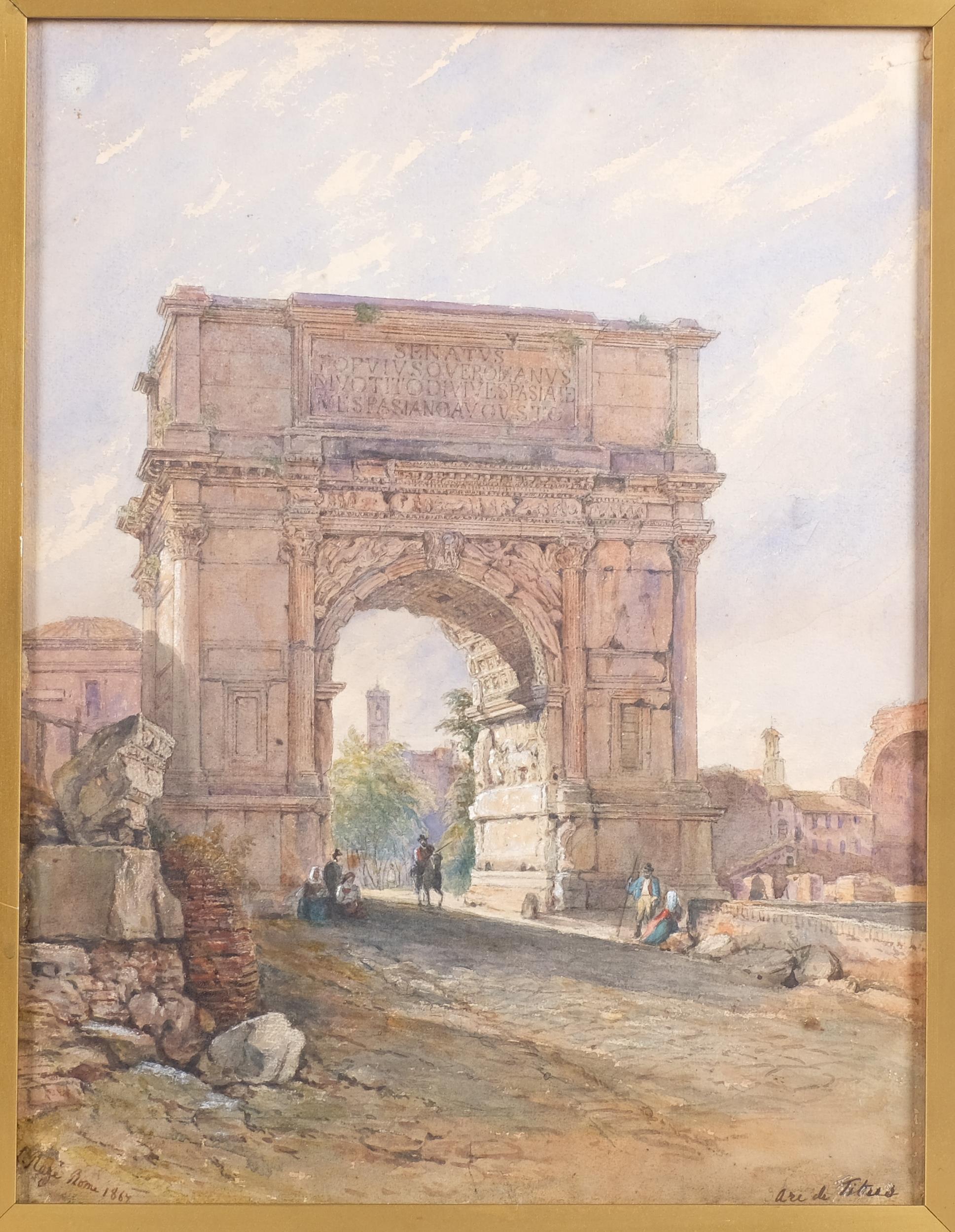 View of the Titus Arch in Rome, watercolour, 1867, indistinctly signed ...