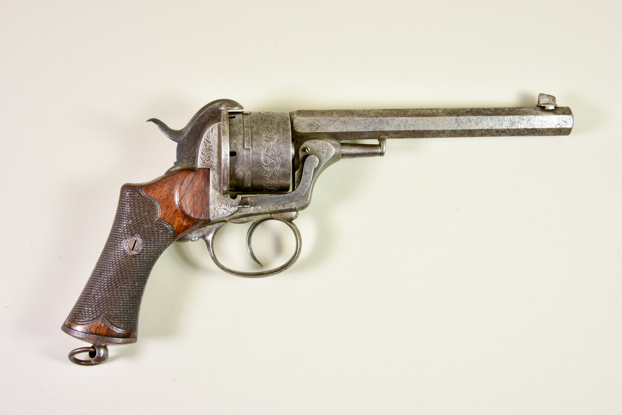 A Six Shot 12mm Pin Fire Revolver, by Comblain, 6ins octagonal bright ...