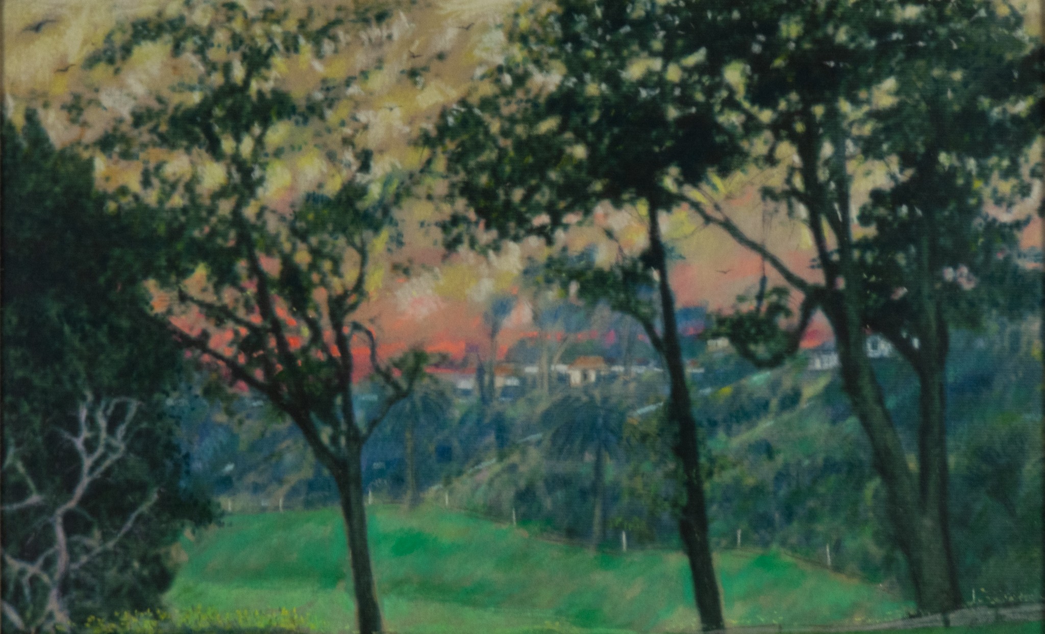 HAROLD RILEY (1934-2023) ACRYLIC ON BOARD Tree lined golf course ...