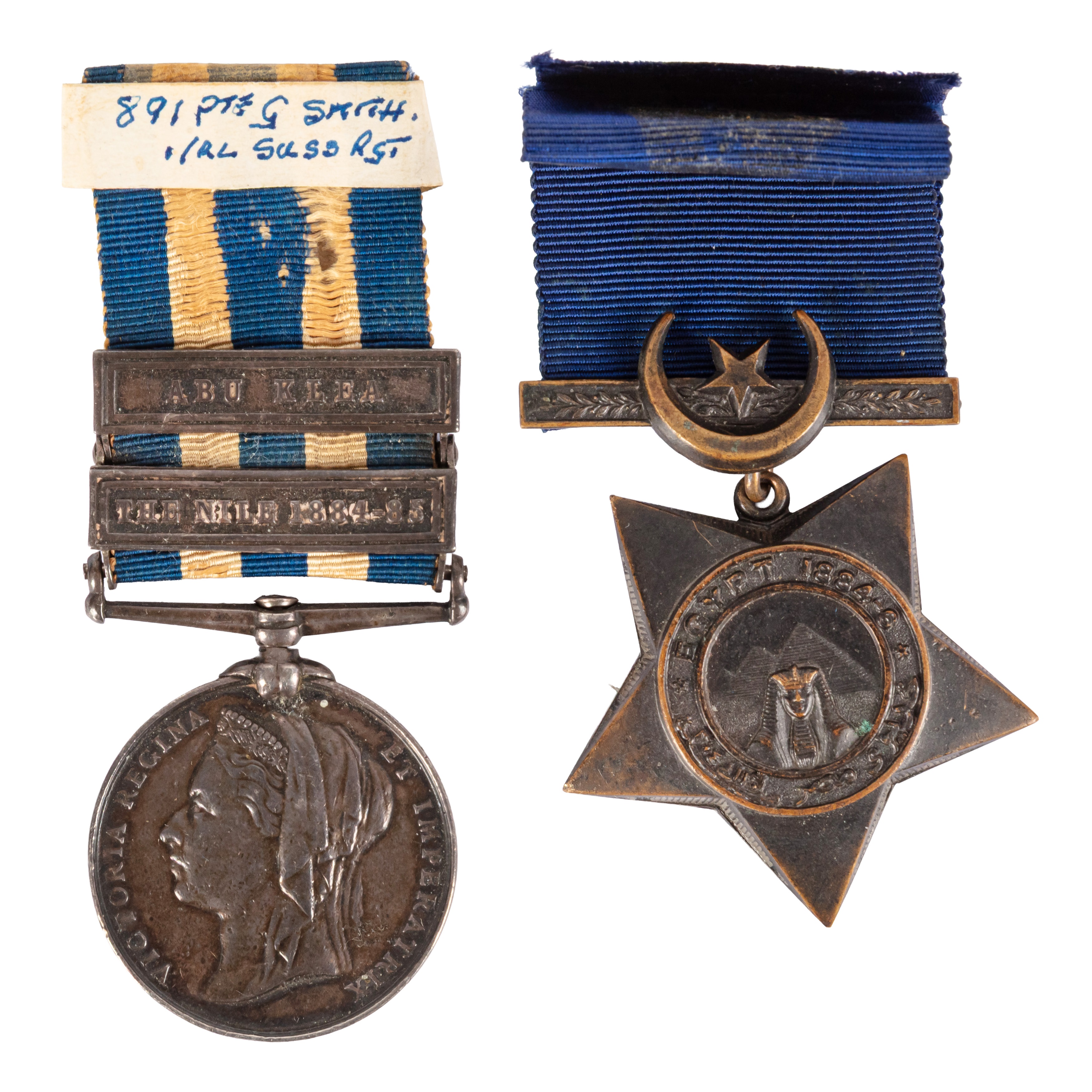 Pair, Egypt Medal and Khedive's Star, the first inscribed '891. PTE. G ...