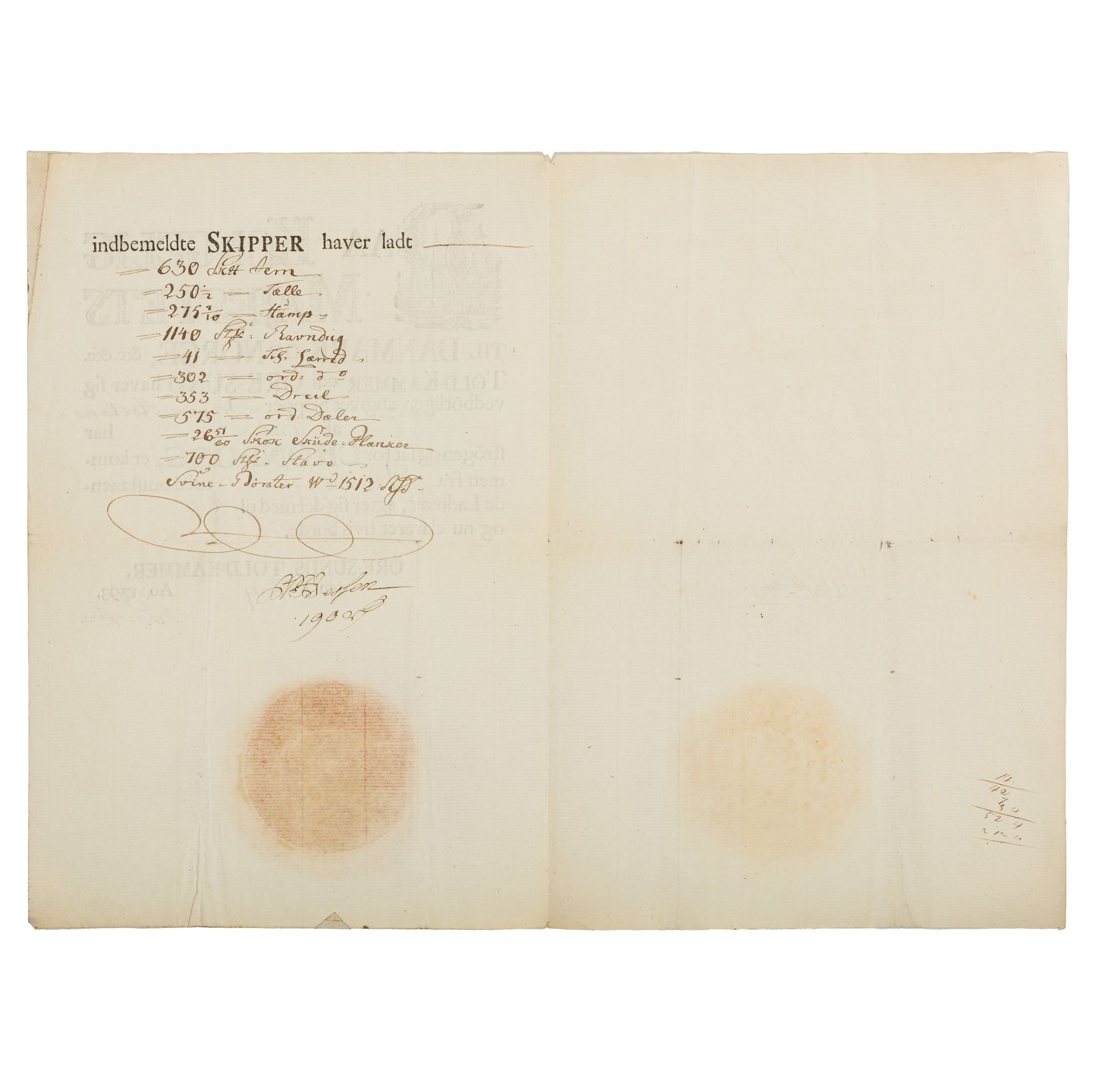Denmark & Norway Royal Custom House, Elsinore, 1793 Fine customs ...