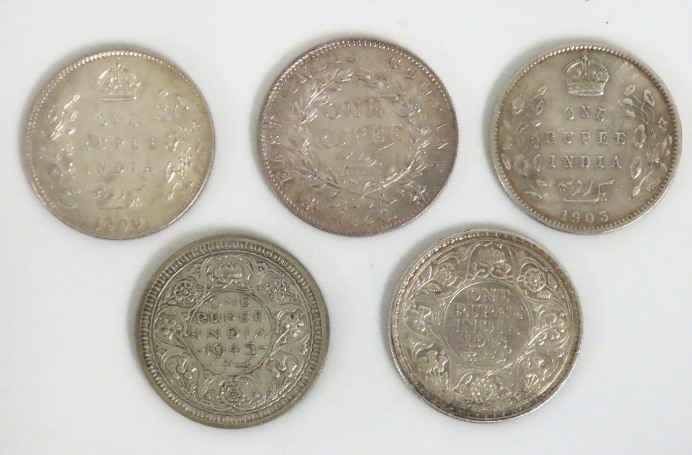 Five silver Indian rupee coins: 1840, 1903, 1906, 1918 & 1945, 58.3g