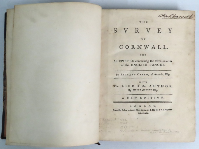 Book: Carew's Survey of Cornwall, scare 1769 edition, pages intact with ...
