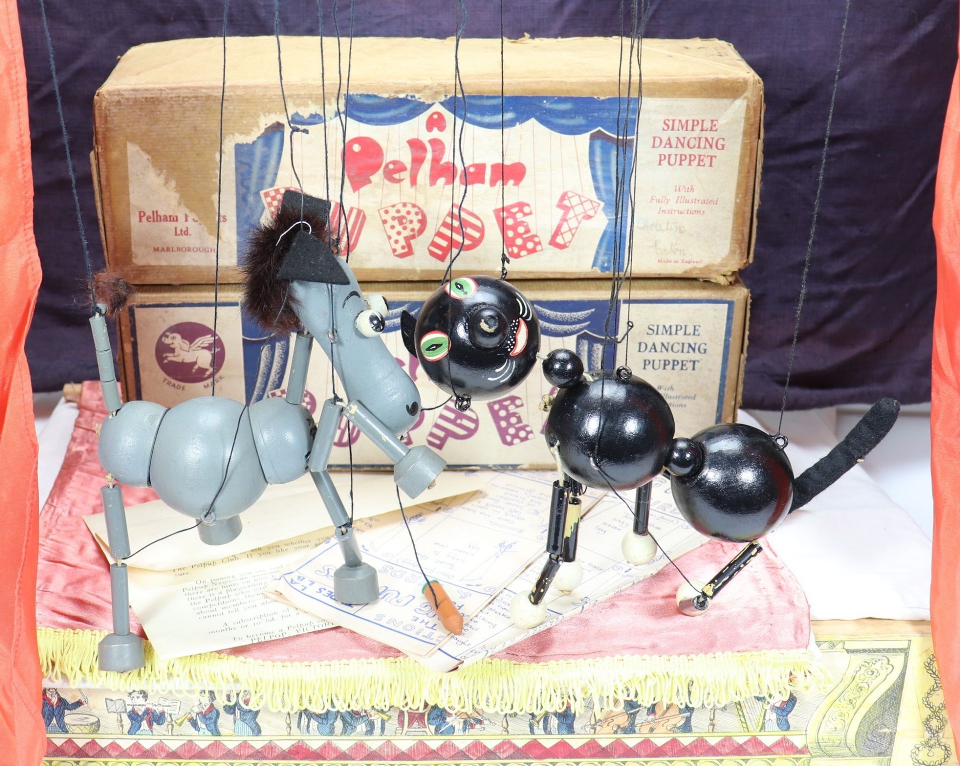 Pelham Puppets LA type Donkey and Winkle Cat, 1950s, boxed wooden ...