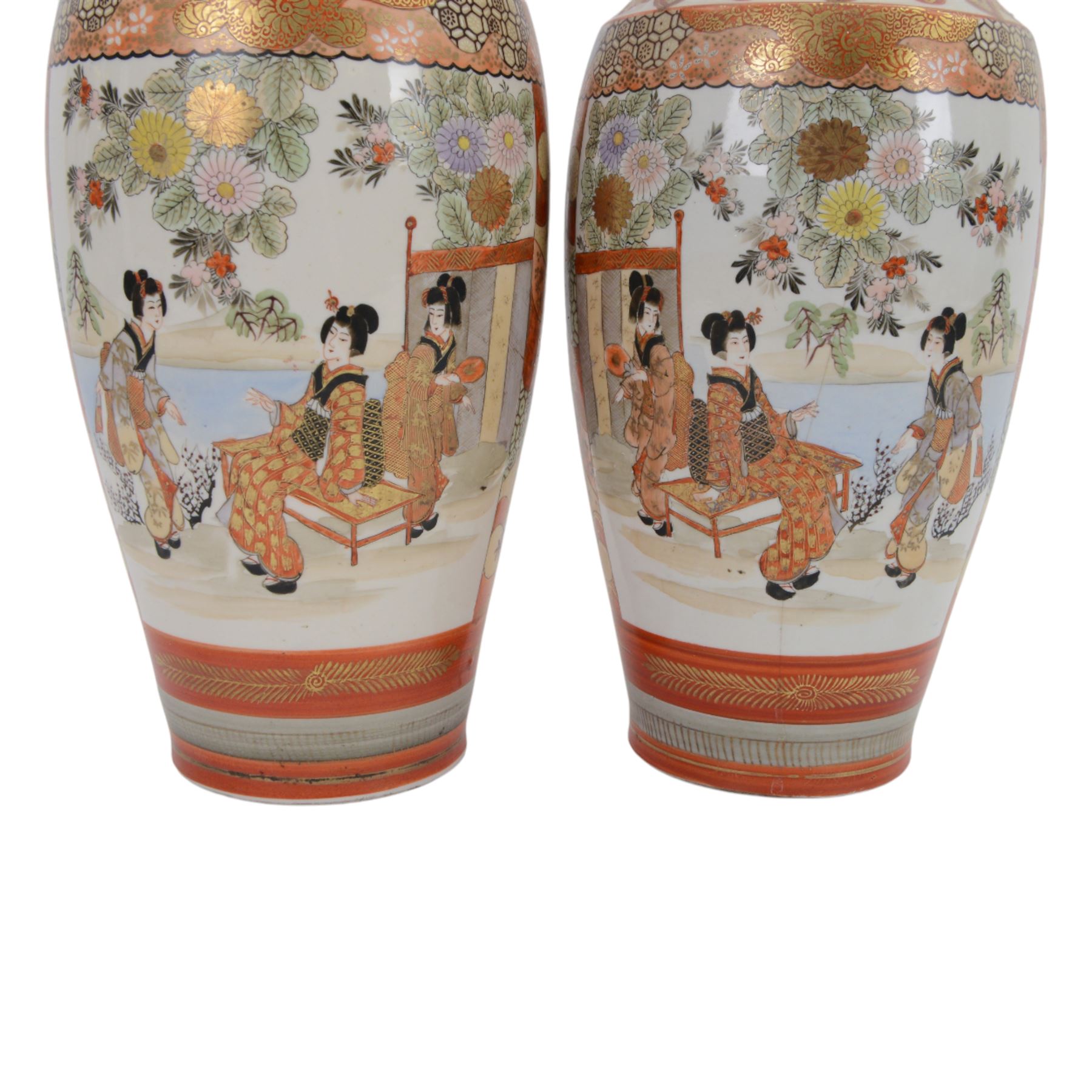 Pair of Japanese Katani vases, of baluster form decorated with two ...