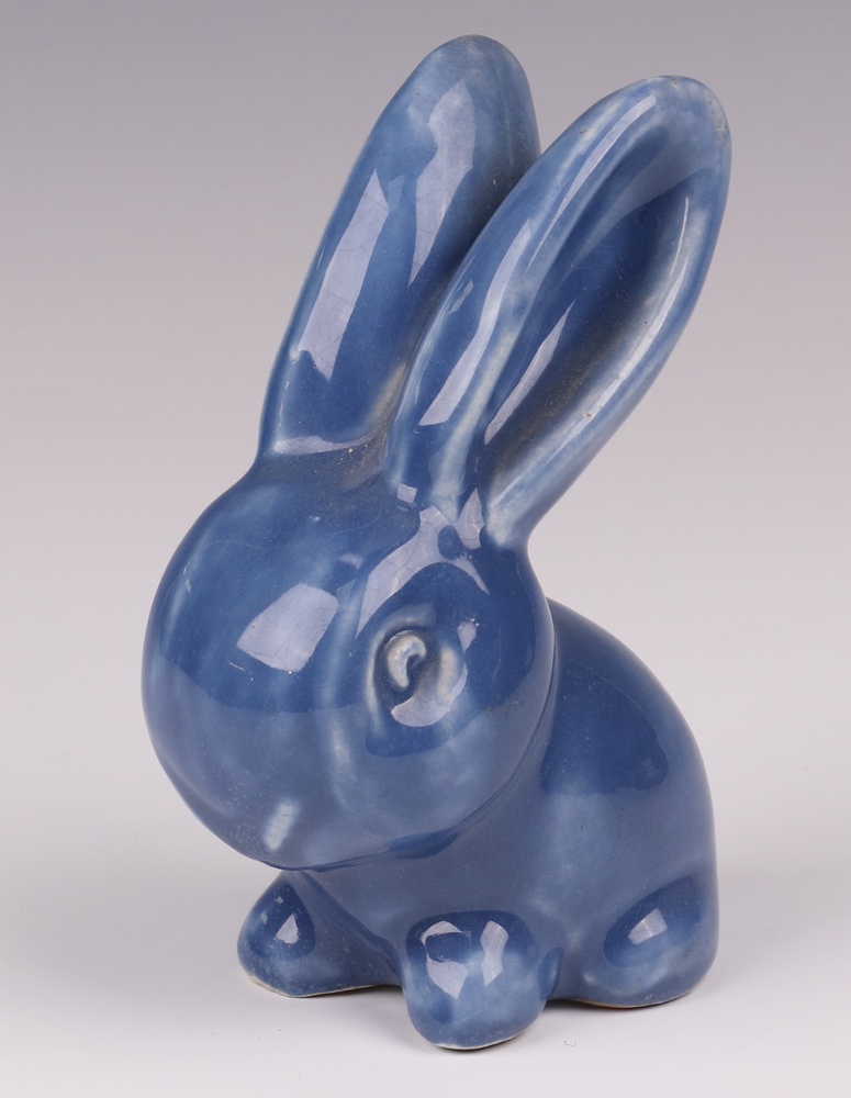 A Bourne Denby blue glazed figure of a seated rabbit 12cm h