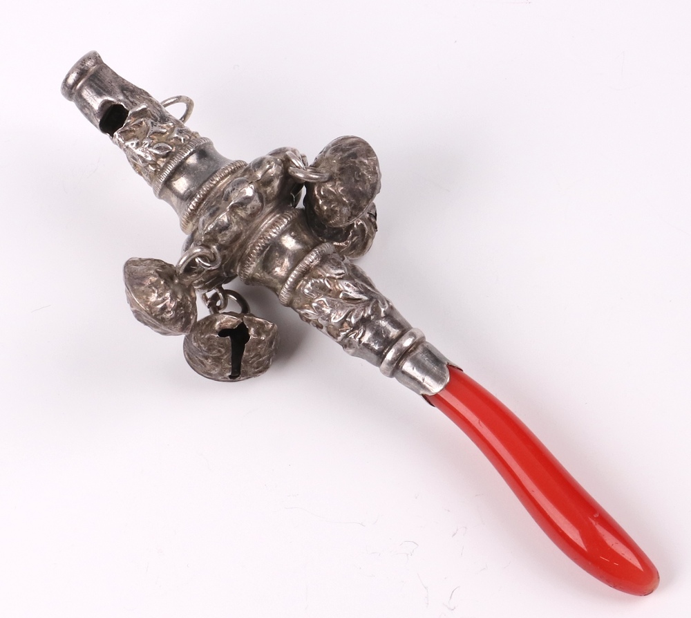 A child's Victorian embossed white metal rattle with coral teething bar ...