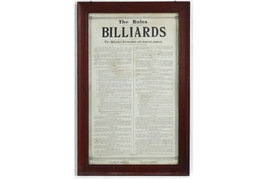 A framed sheet detailing 'The Rules of the Game of English Billiards ...