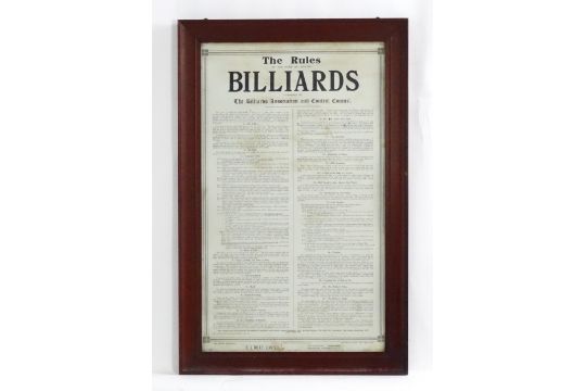 A framed sheet detailing 'The Rules of the Game of English Billiards ...