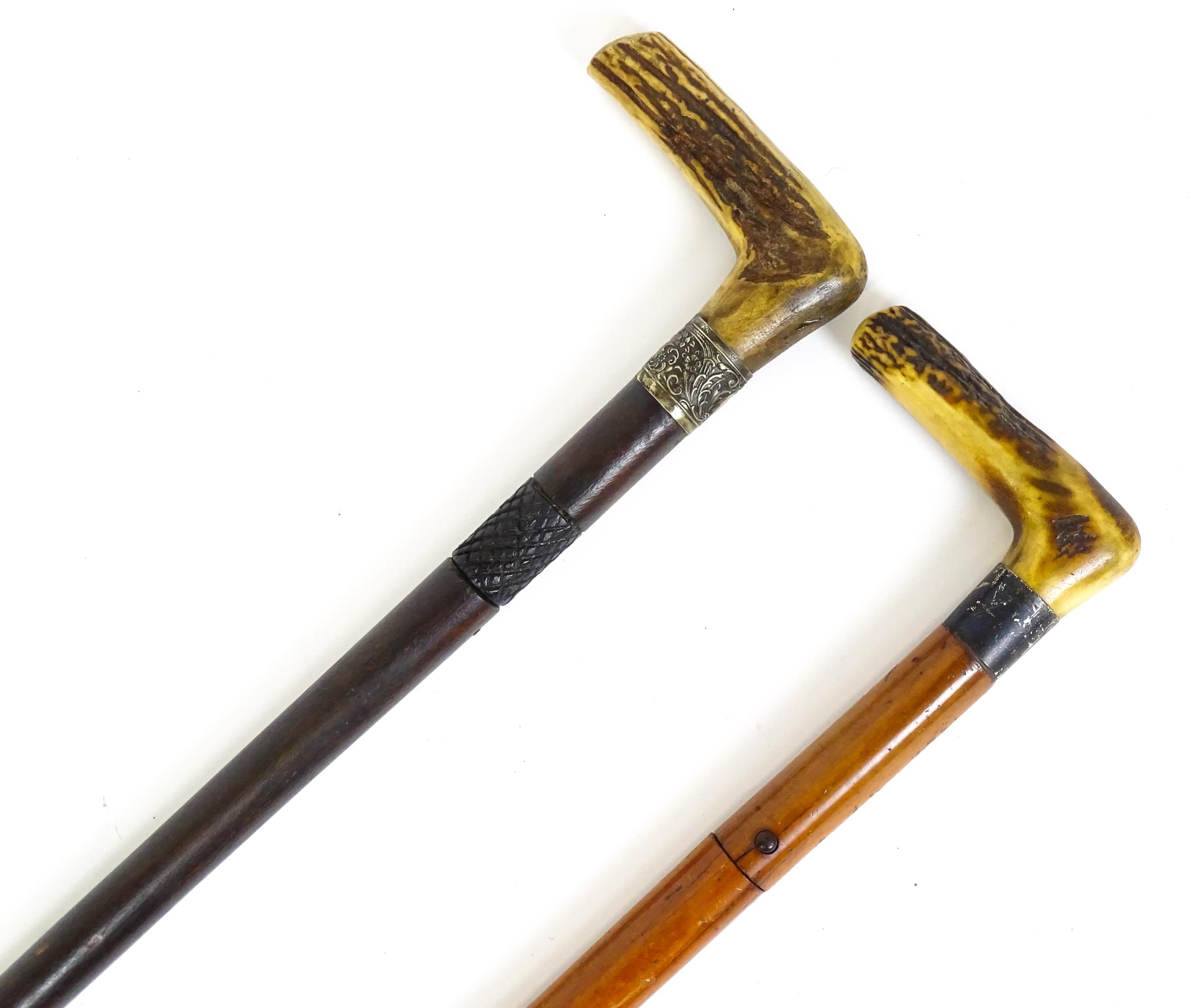 A 19thC Wilkinson Sword Co sword stick with turned beech shank, antler ...