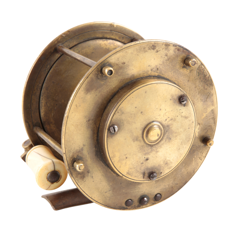 A 19TH CENTURY BRASS FISHING WINCH REEL with folding bone handle ...