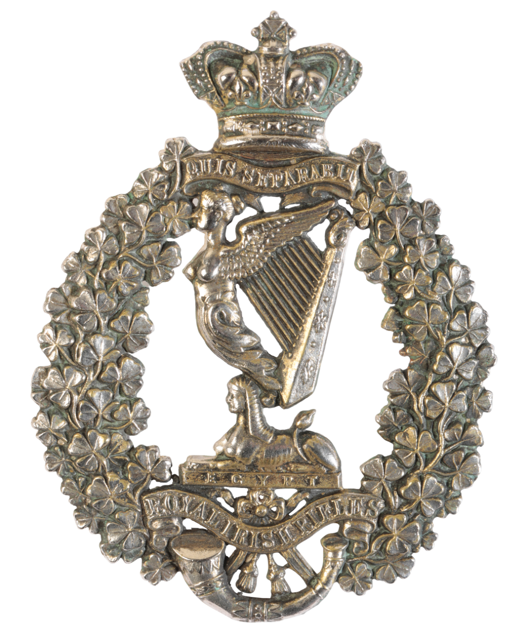 A VICTORIAN CROWN ROYAL IRISH RIFLES HELMET PLATEin white metal
