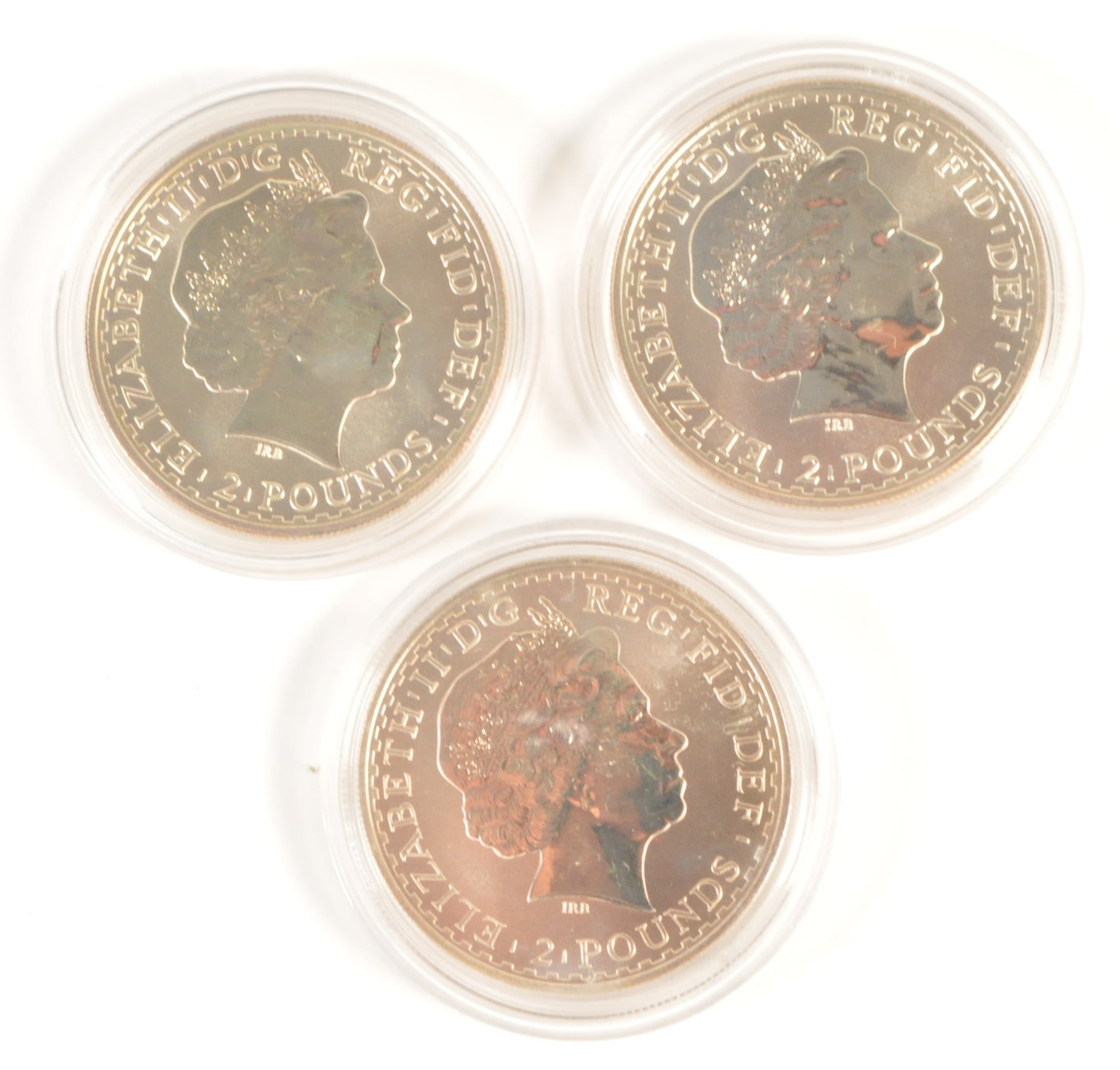 A collection of three British Britannia Silver Bullion 1oz coins. The ...