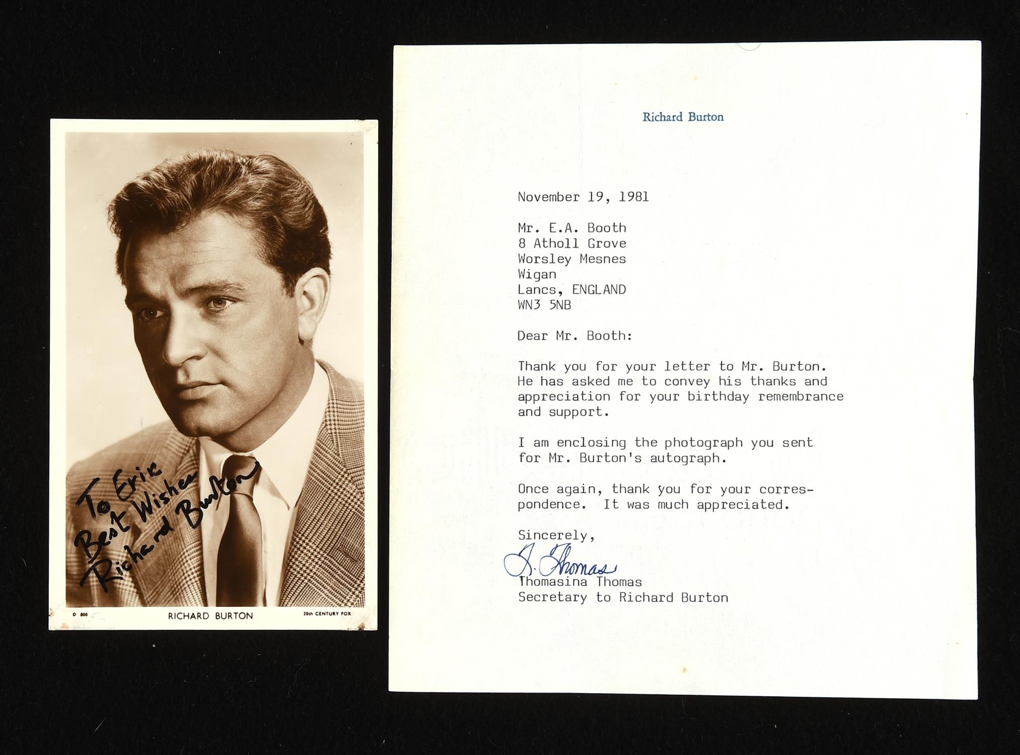 Richard Burton(1925-11984) Autographed photograph; and associated Typed ...