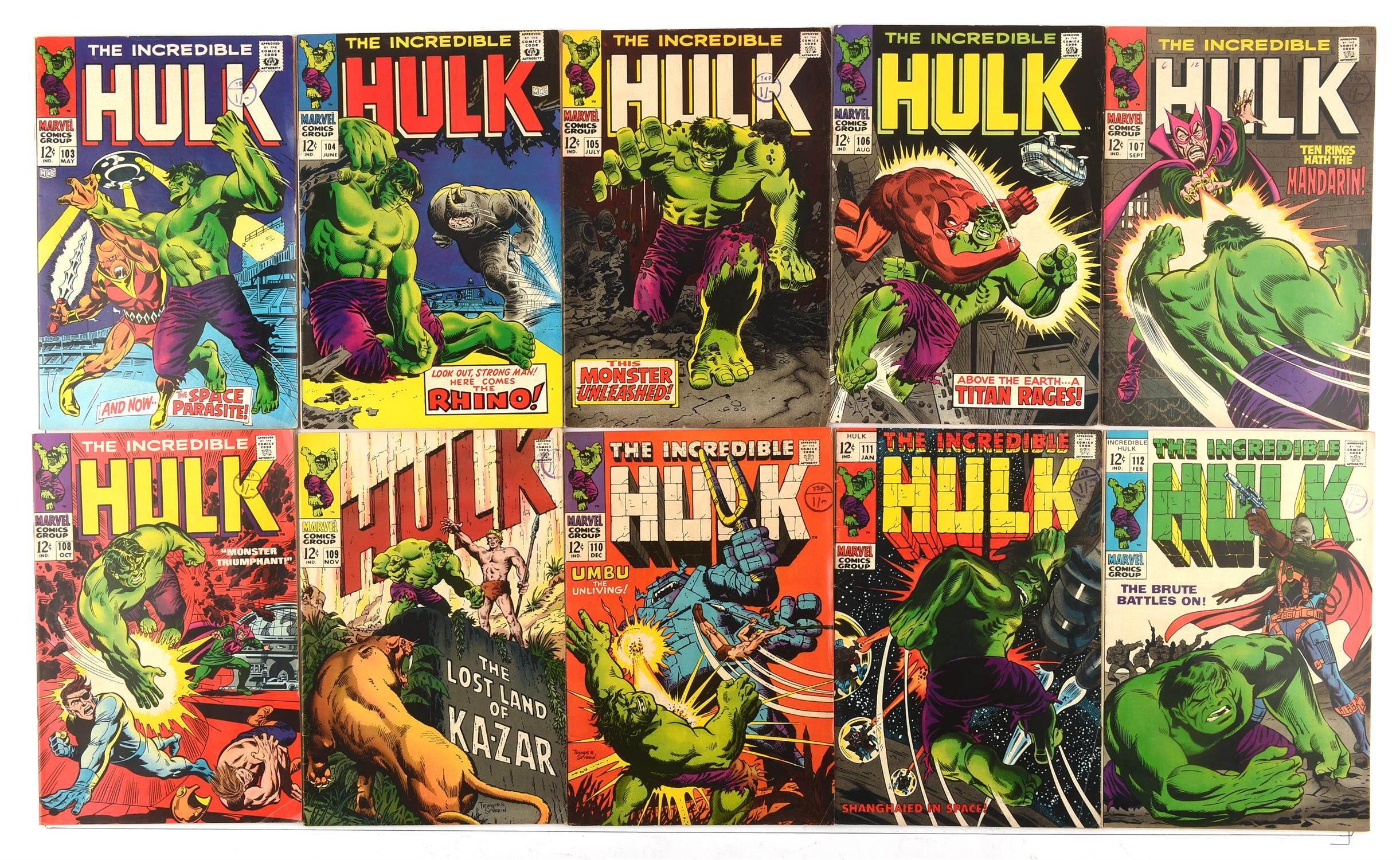 The Incredible Hulk Nos. 103 - 112: a sequential run of 10 Silver-age ...