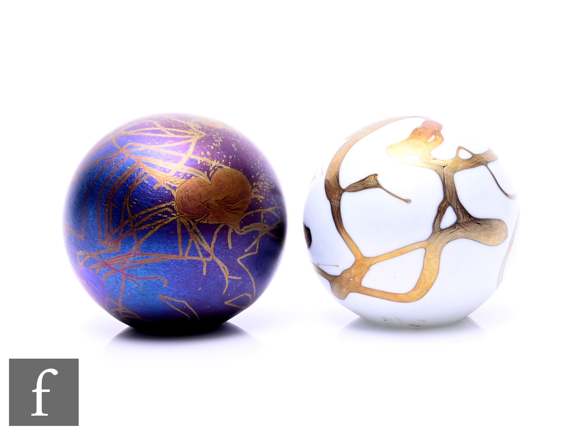Two John Ditchfield for Glasform glass paperweights, one with whiplash ...