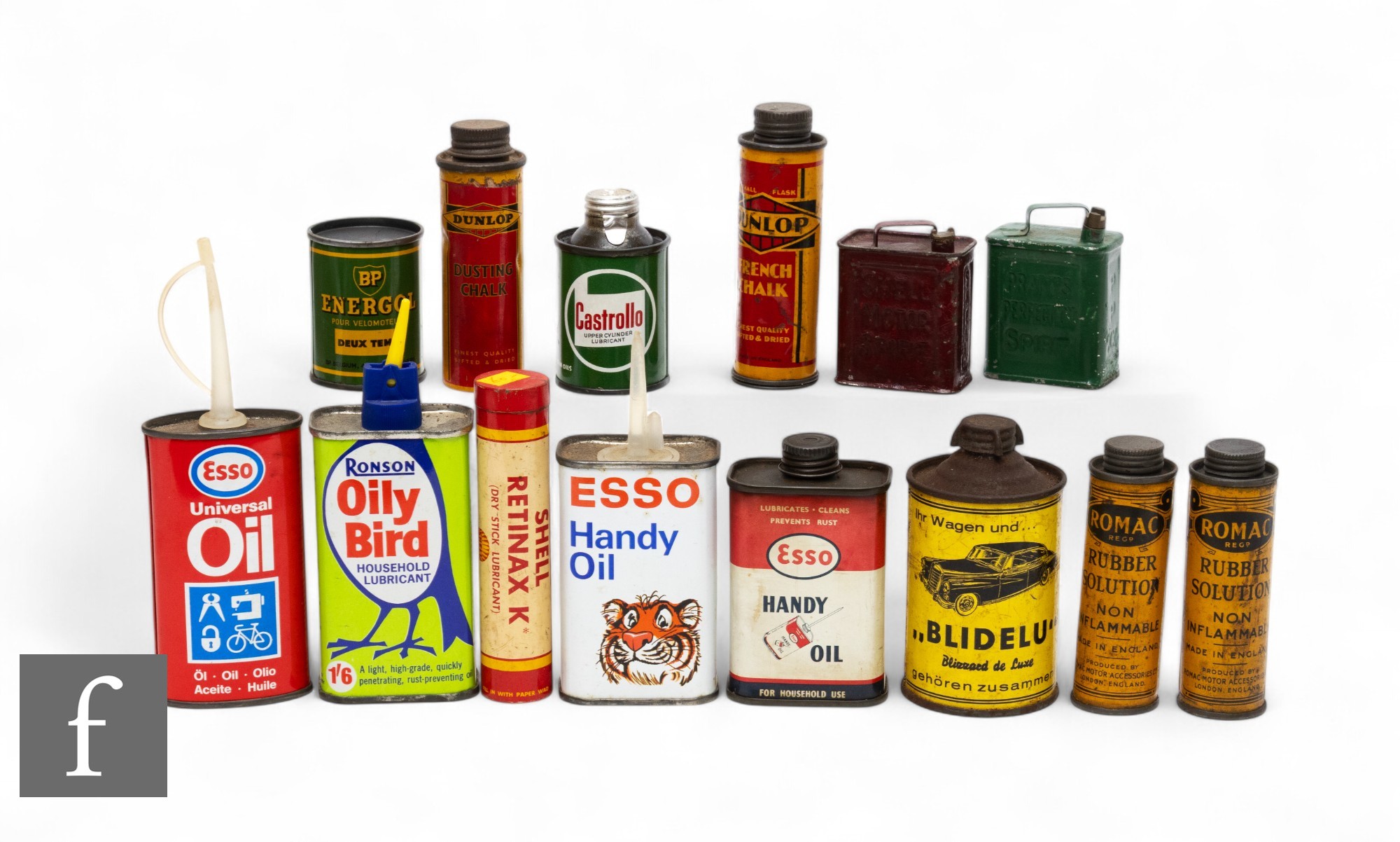 A miniature red painted Shell motor spirit can, another green painted ...