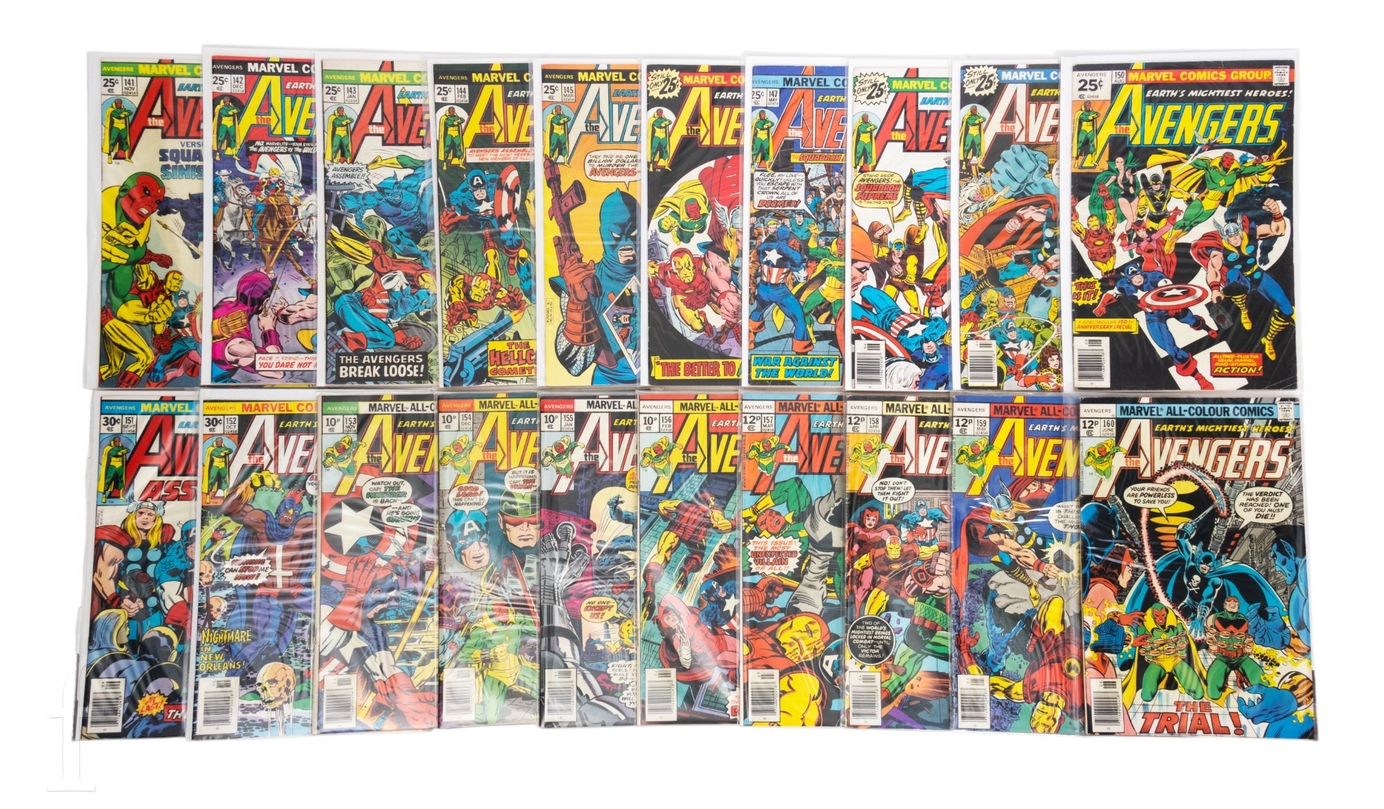 A run of Marvel Avengers #141 1975 to #160 1977 comics, including first ...