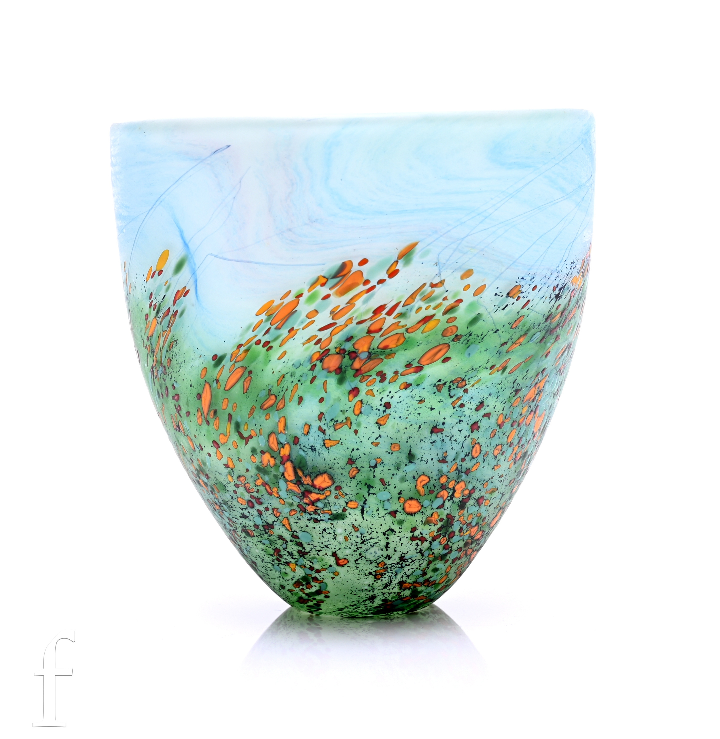 A later 20th Century studio glass vase by Peter Layton, the tapered ovoid form decorated in a sty