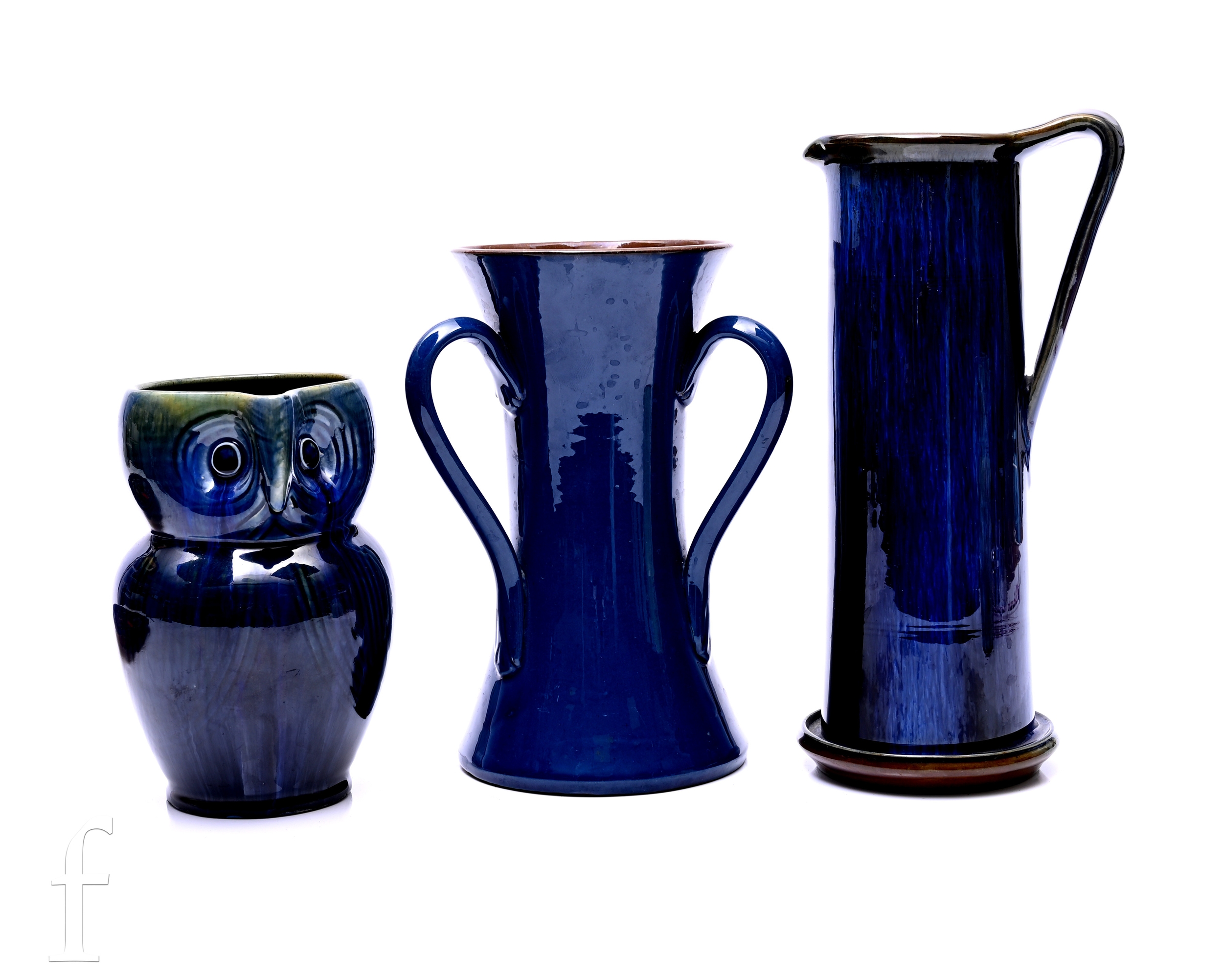 A Bourne Denby Danesby Ware pottery jug, modelled as an owl, blue to ...