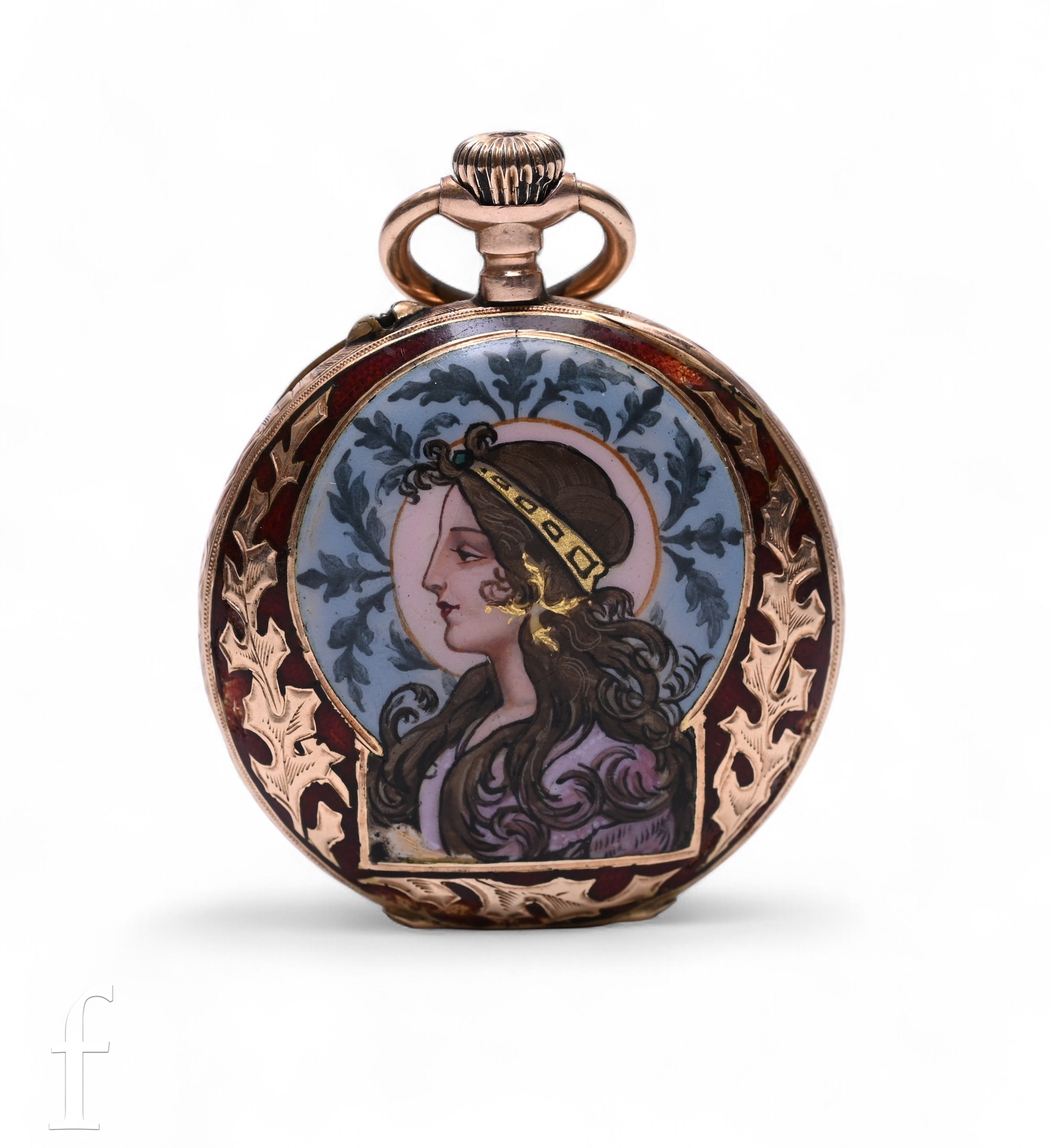 An early 20th Century 14K gold and enamel fob watch, case decorated ...