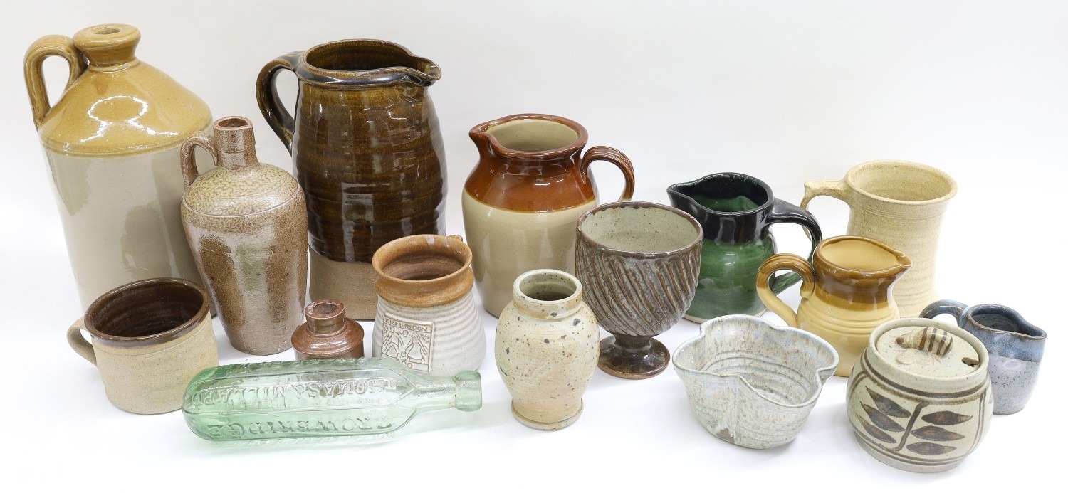 Group of vintage and more modern stoneware pottery bottles, flasks and ...