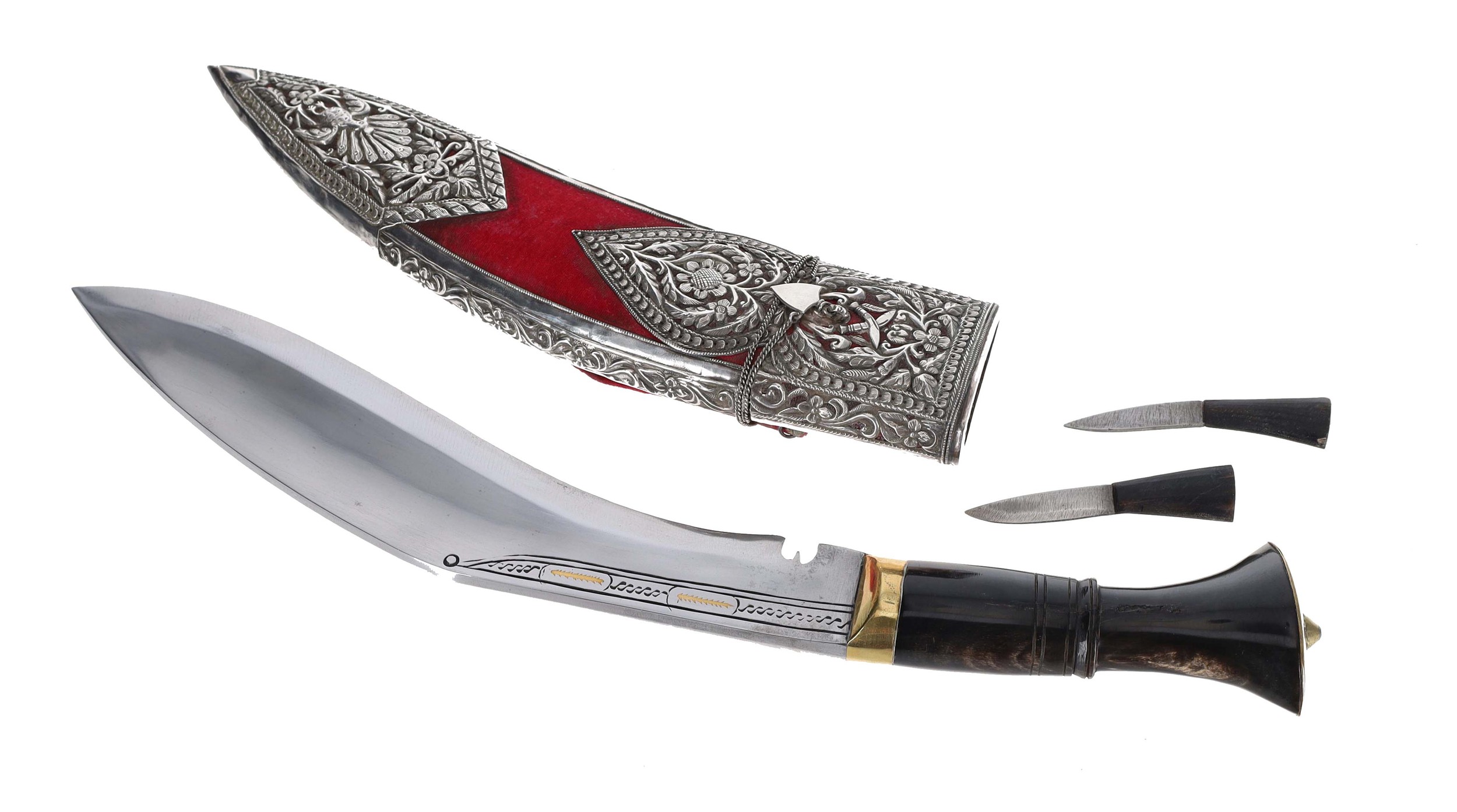 Kukri knife, with the two small knives and a metal mounted red baize ...