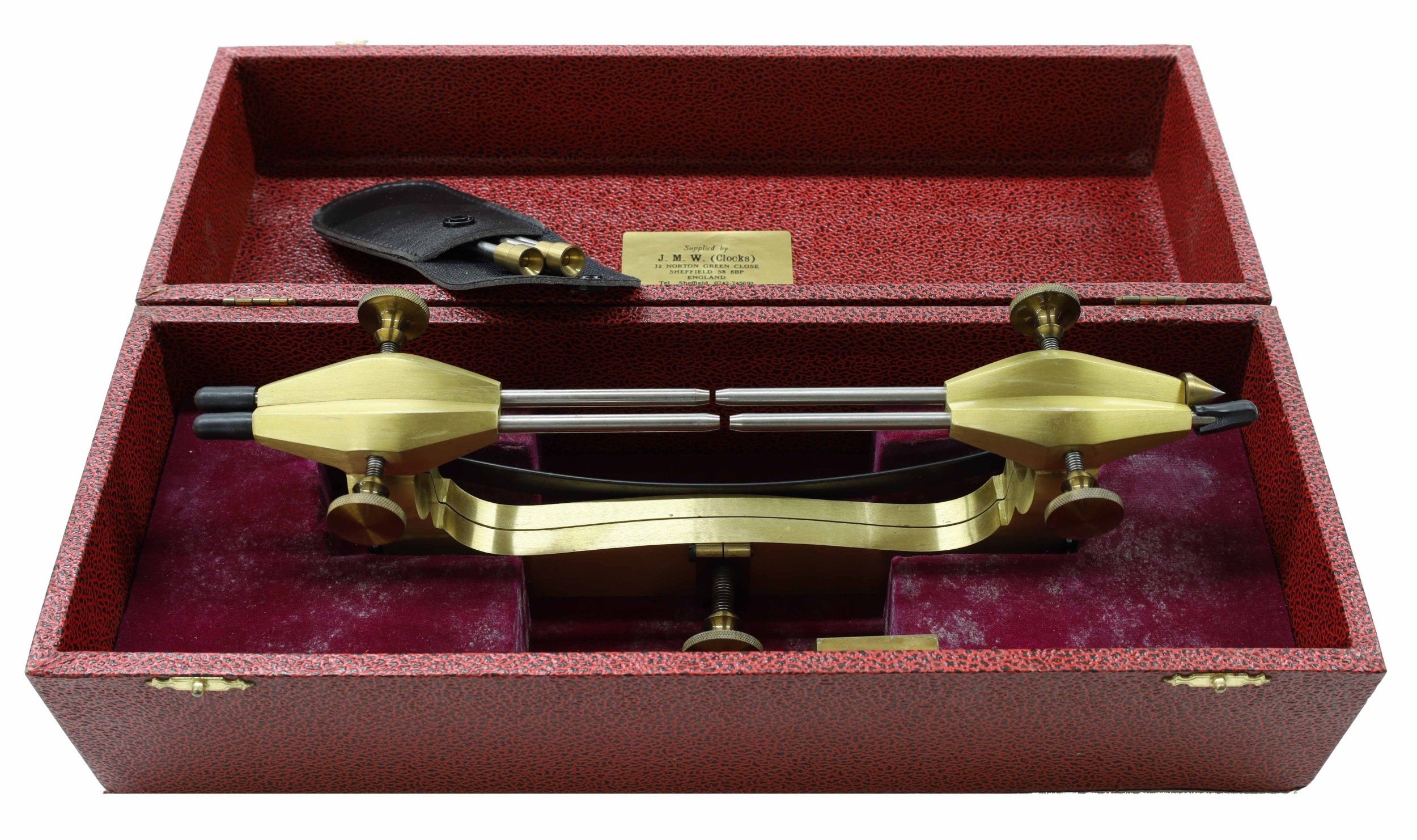 Large brass and steel depthing tool, 10.75'' long, cased with accessories