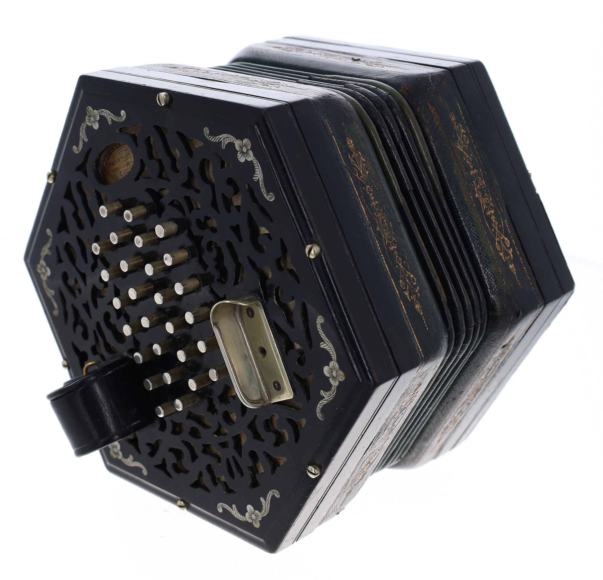 Good Lachenal & Co concertina, with fifty-six metal buttons on foliate ...