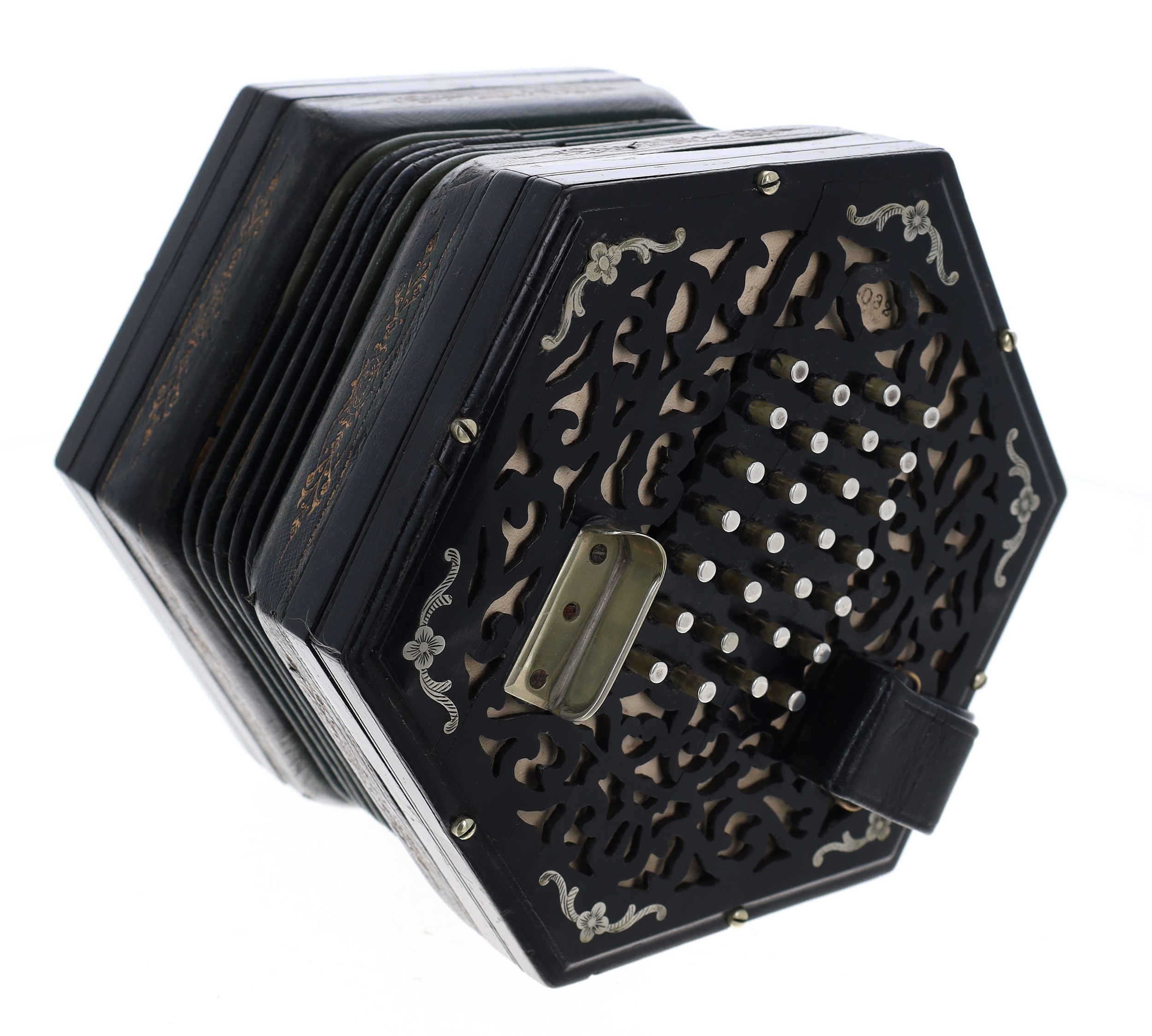 Good Lachenal & Co concertina, with fifty-six metal buttons on foliate ...
