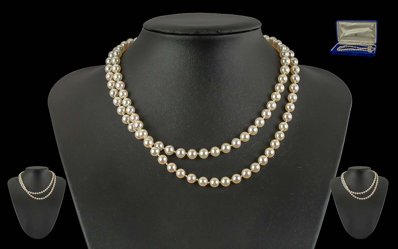 Mikimoto Cultured Pearl Necklace of Long Length. Well Matched Pears of ...
