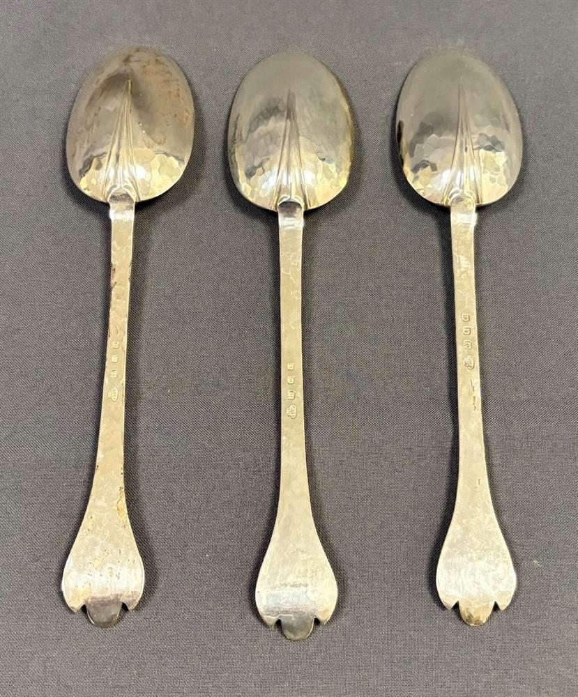 ART DECO STERLING SILVER SERVING SPOONS with rat tail bowls, planished ...