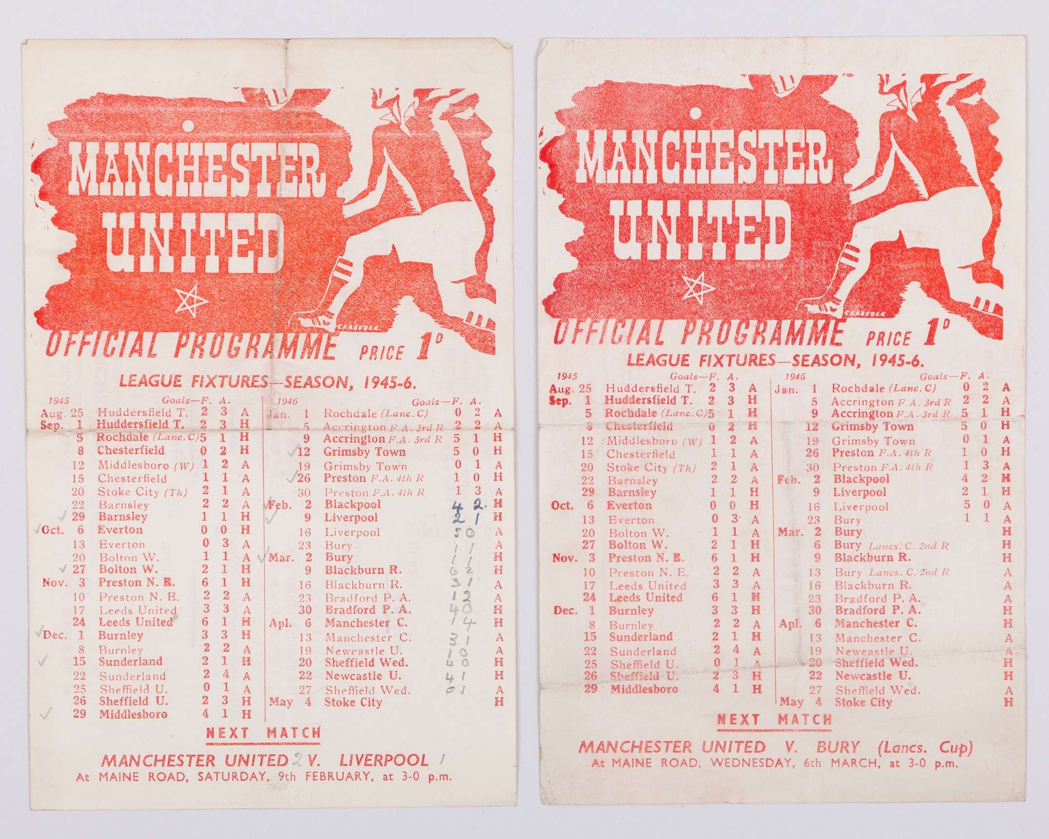 Two Manchester United single-sheet match programmes, 1945, comprising ...