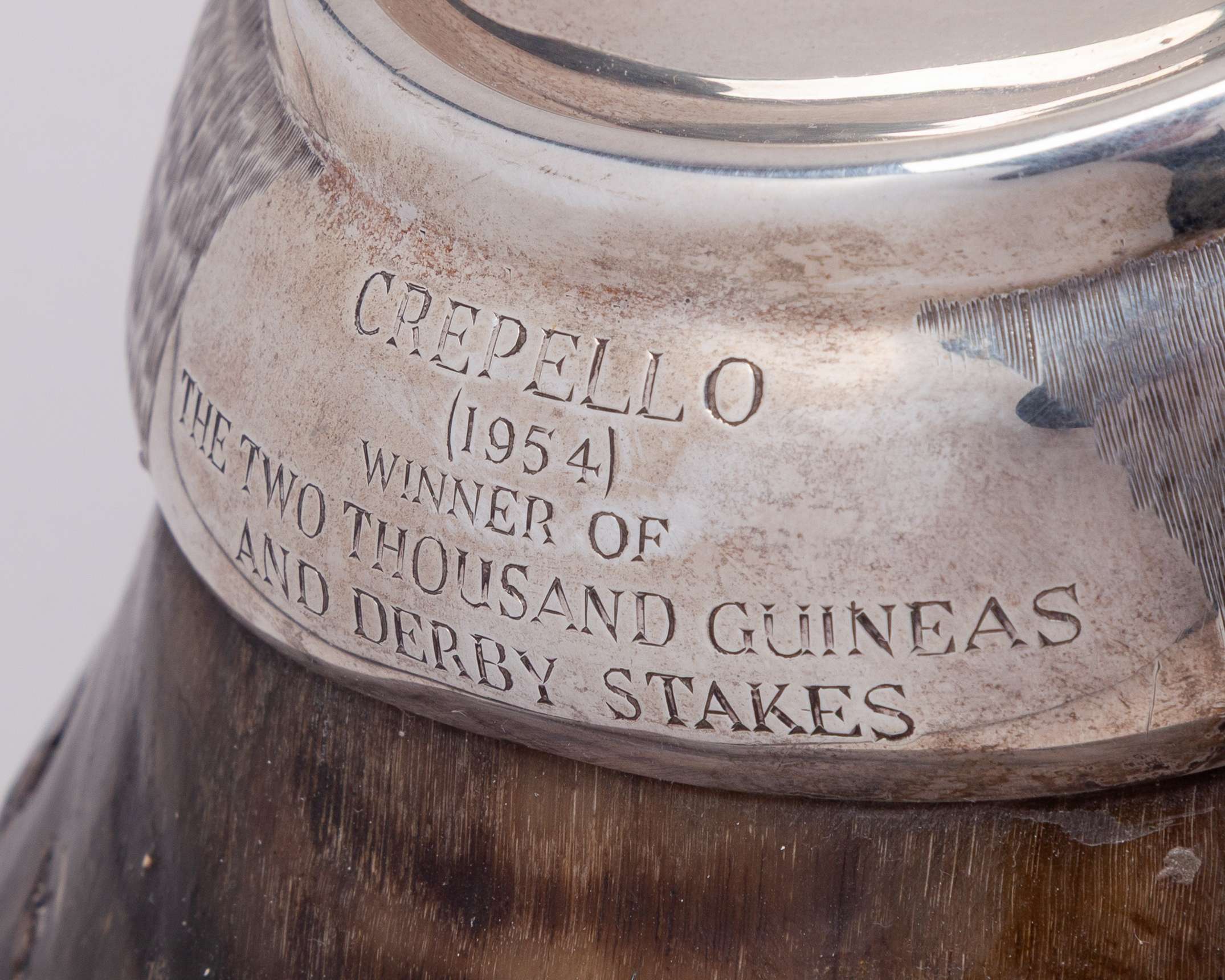 Silver-mounted hoof of the 2000 Guineas and Derby winning racehorse ...