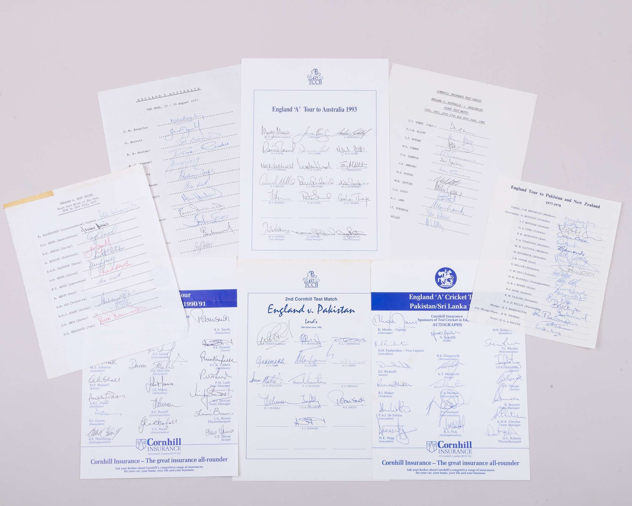 Ten England autographed team sheets, 1973-1993, comprising West Indies ...