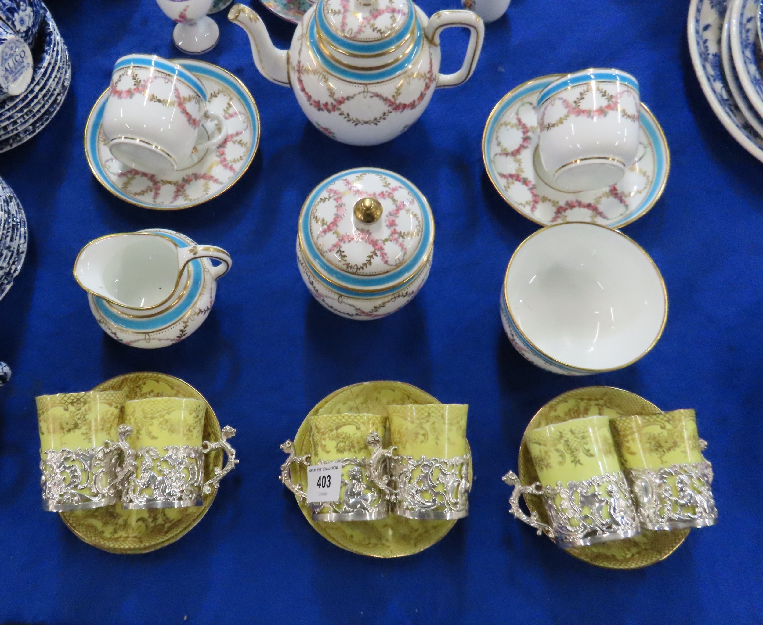 A Minton Bachelor's tea set, the white ground with turquoise band and ...