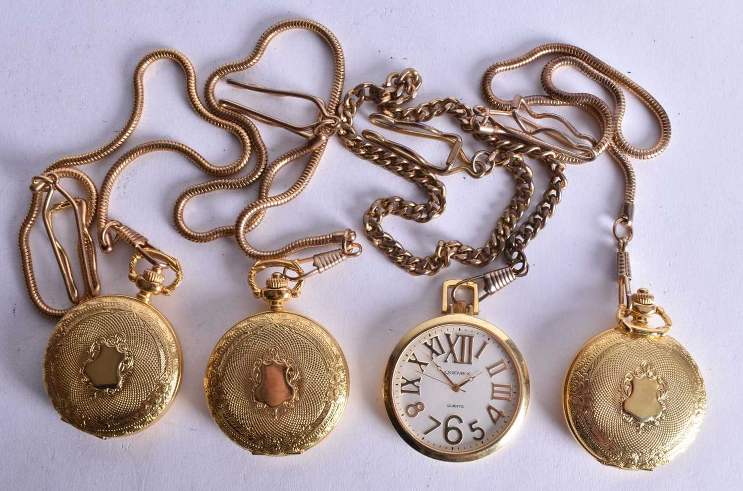 Four Quartz Pocket Watches (3 Hunter and 1 Open Face) with watch chains ...