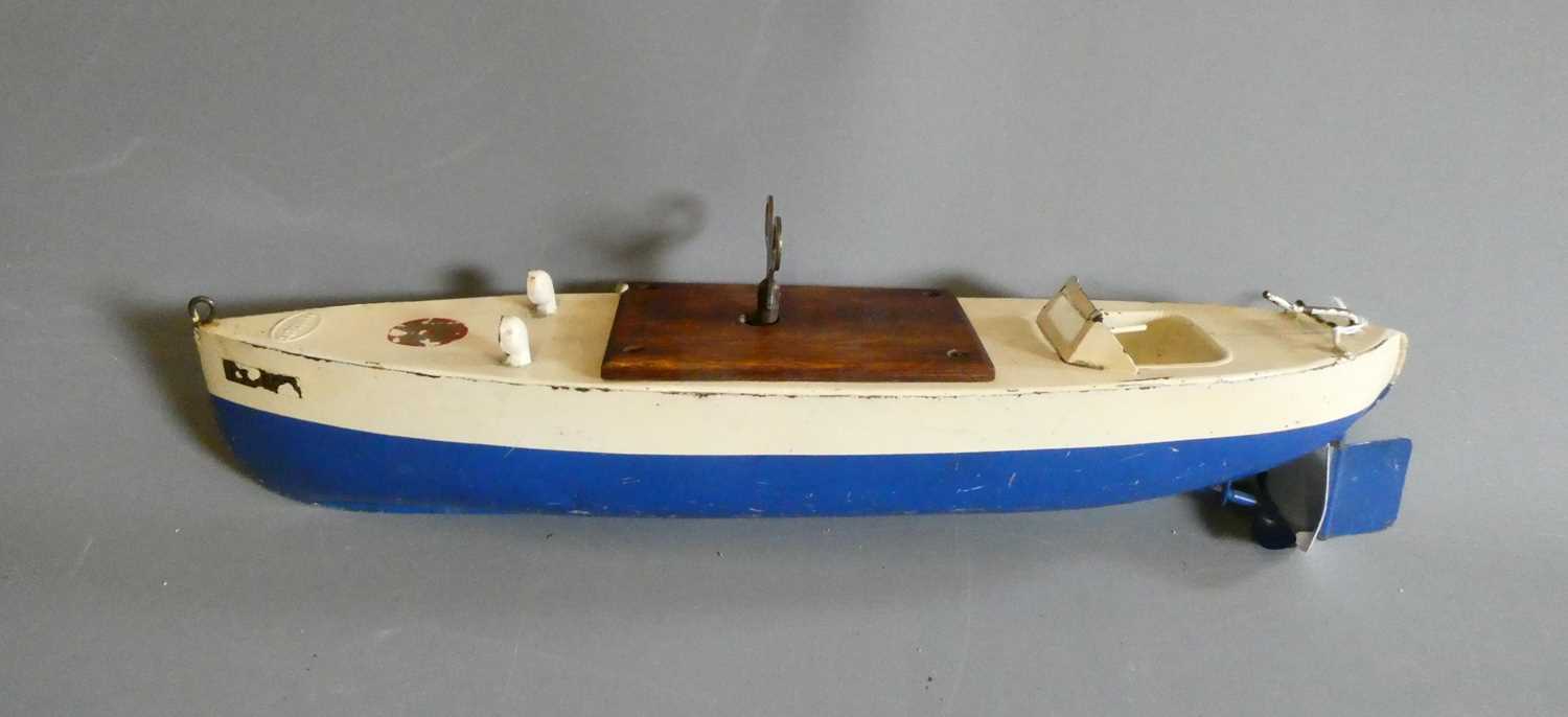 Sutcliffe models clockwork speed boat Meteor in blue and white, some ...