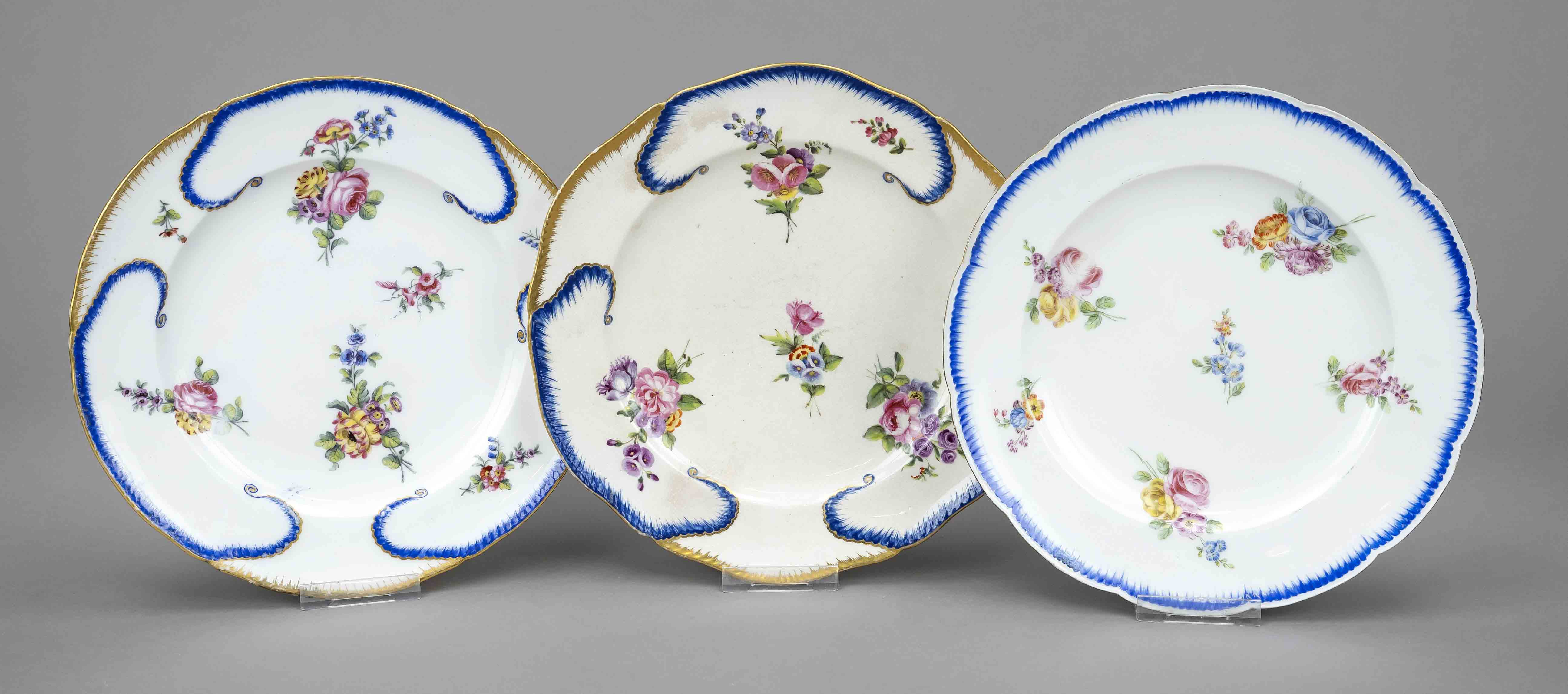 Three plates, Sevres, France, 1 plate, 1760, with bluemn painting and ...