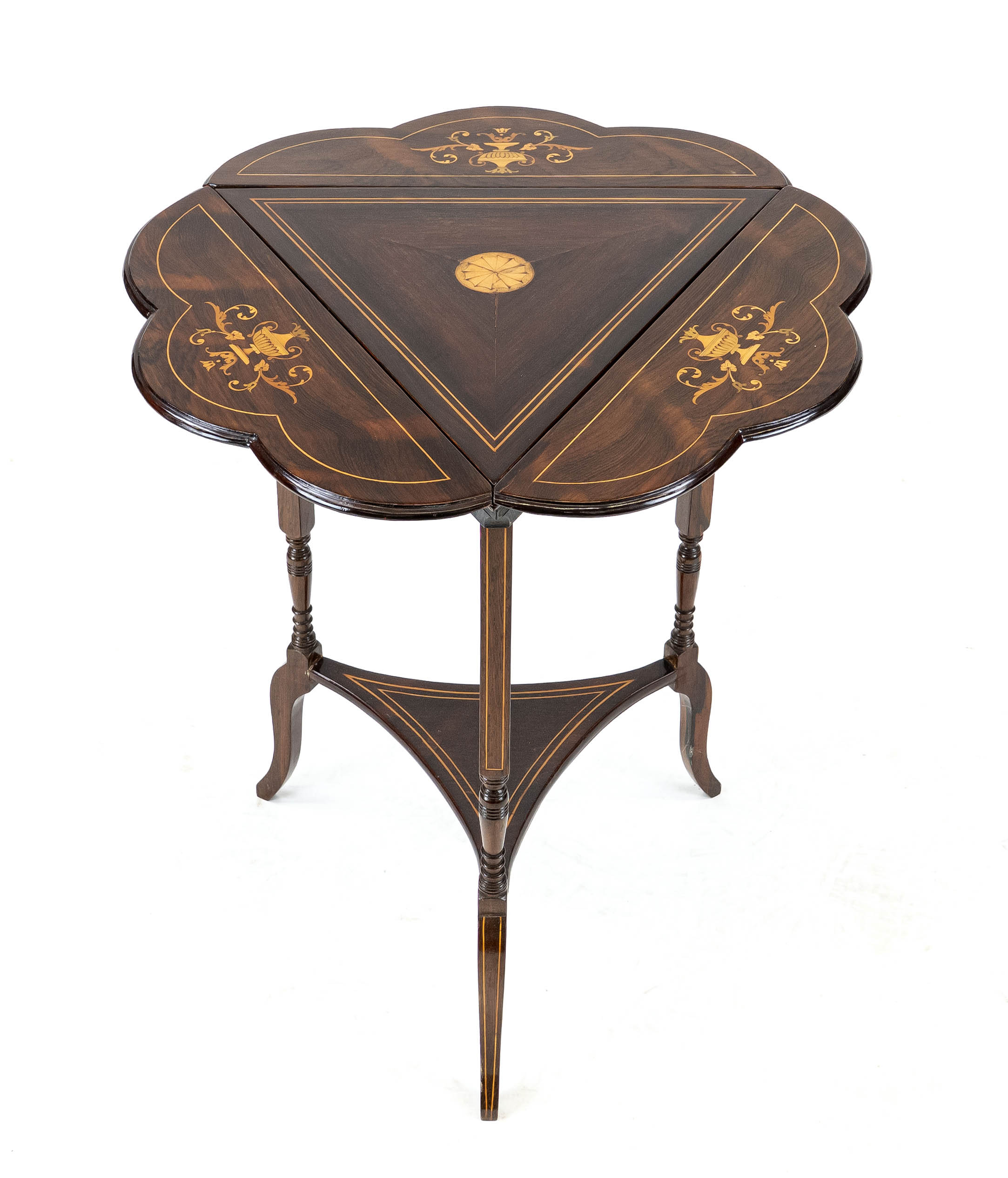 English triangular table, 19th century, mahogany with thread inlays and ...