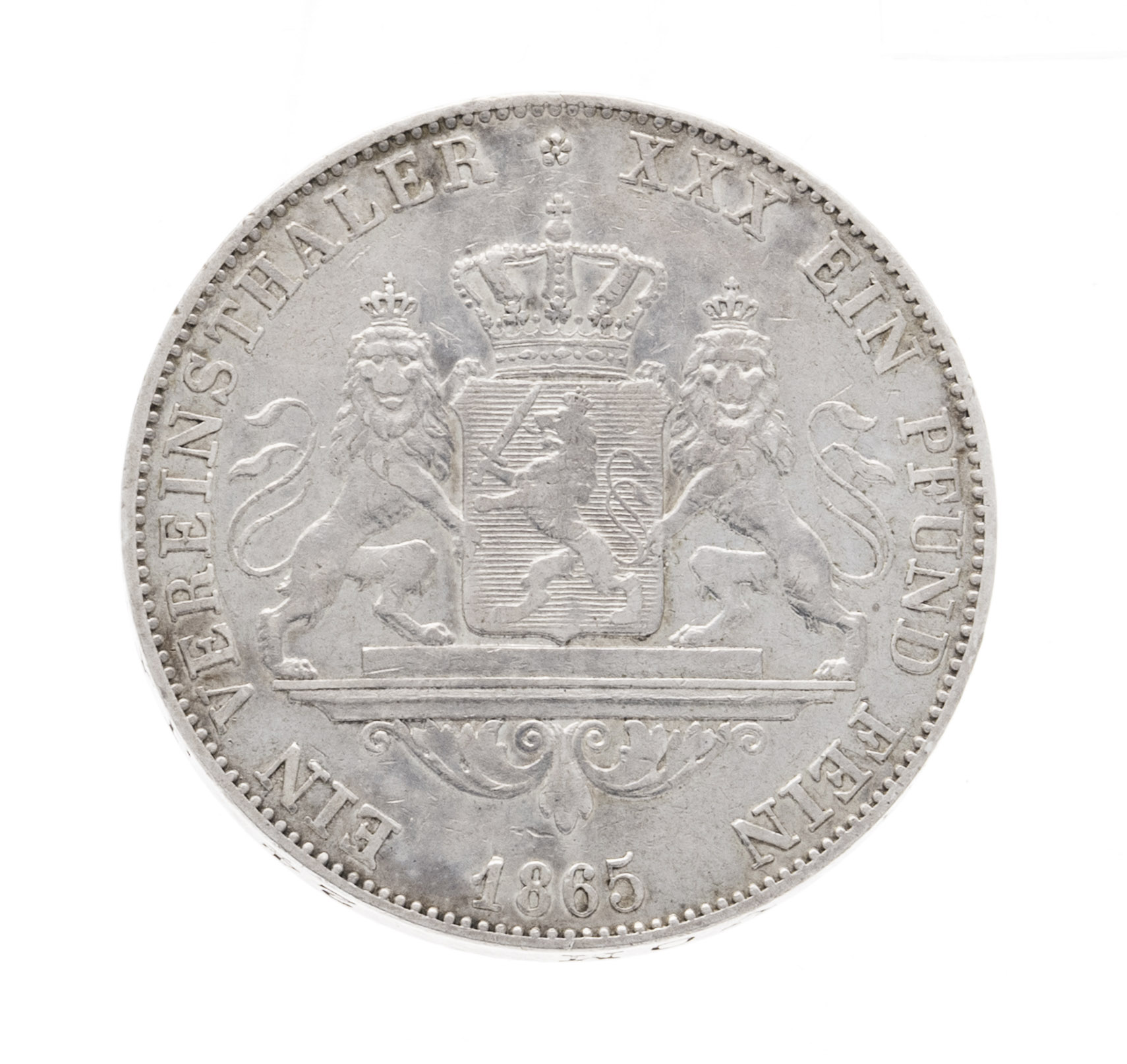 Silver coin 1 Vereinstaler, 1865, Ludwig III of Hesse, diameter approx ...