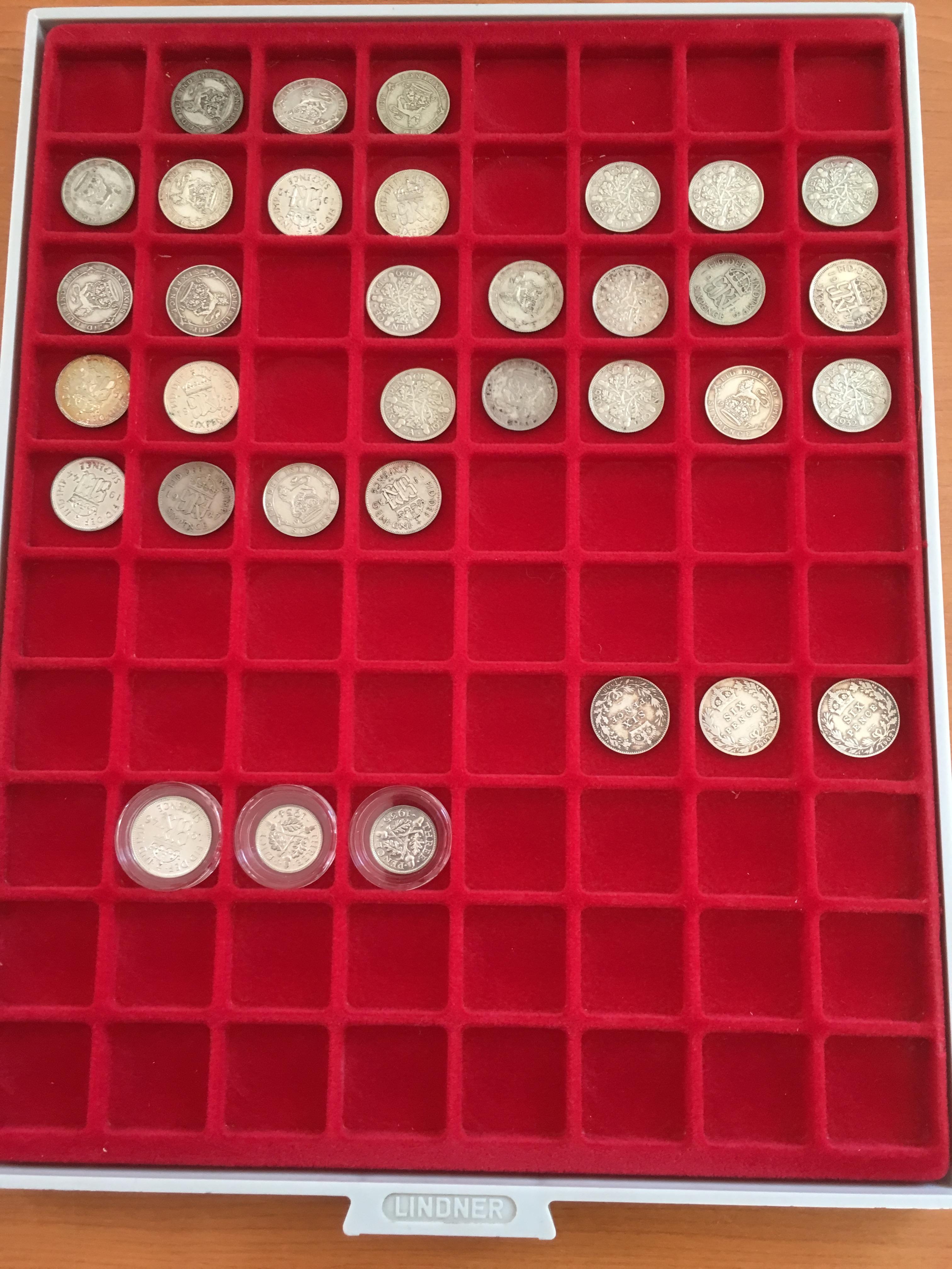 COINS: STACK OF FOUR LINDNER COIN TRAYS WITH PRE 1947 UK SILVER HALF ...