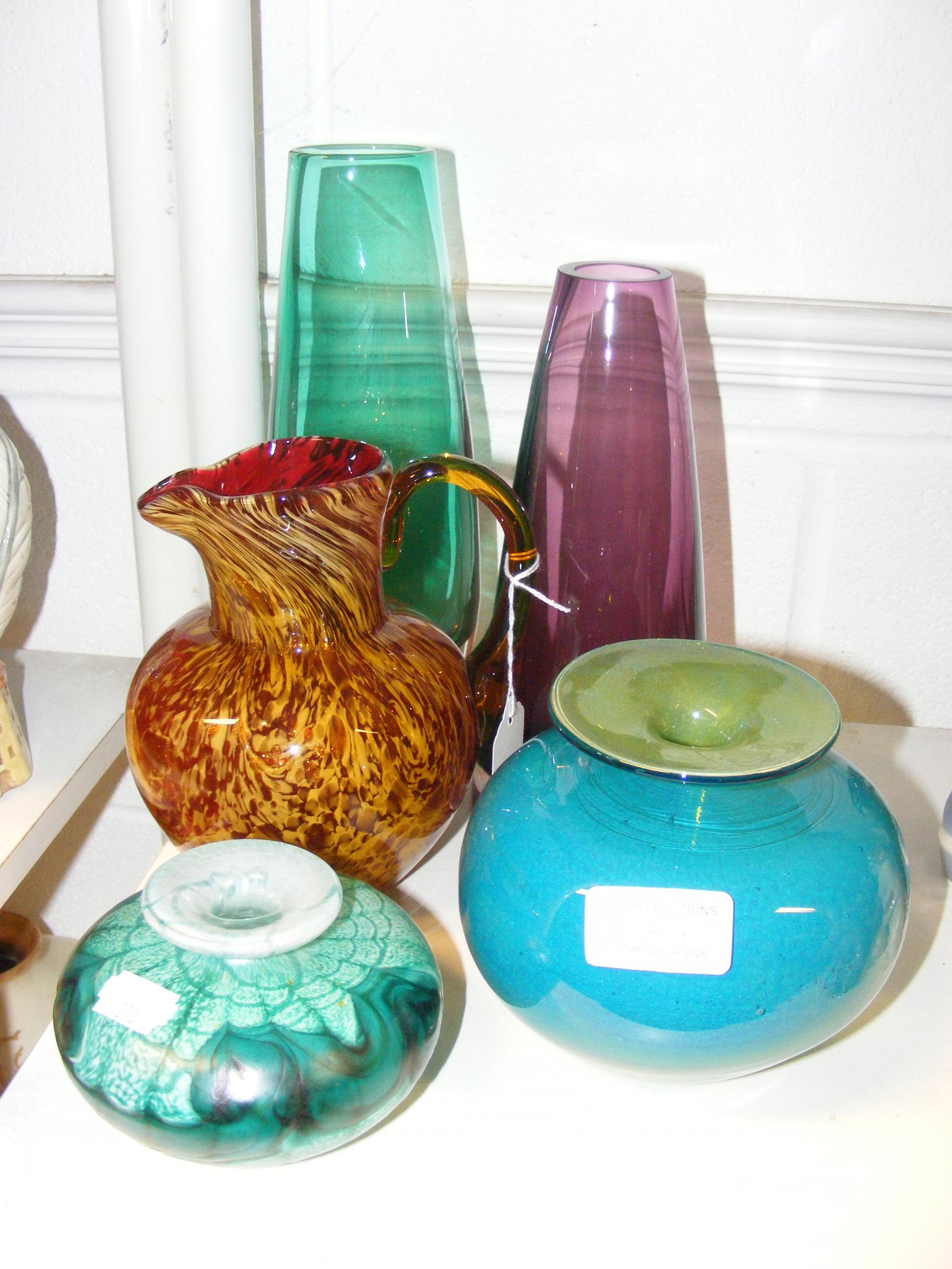 A selection of coloured studio glass, including Mdina and Phoenician