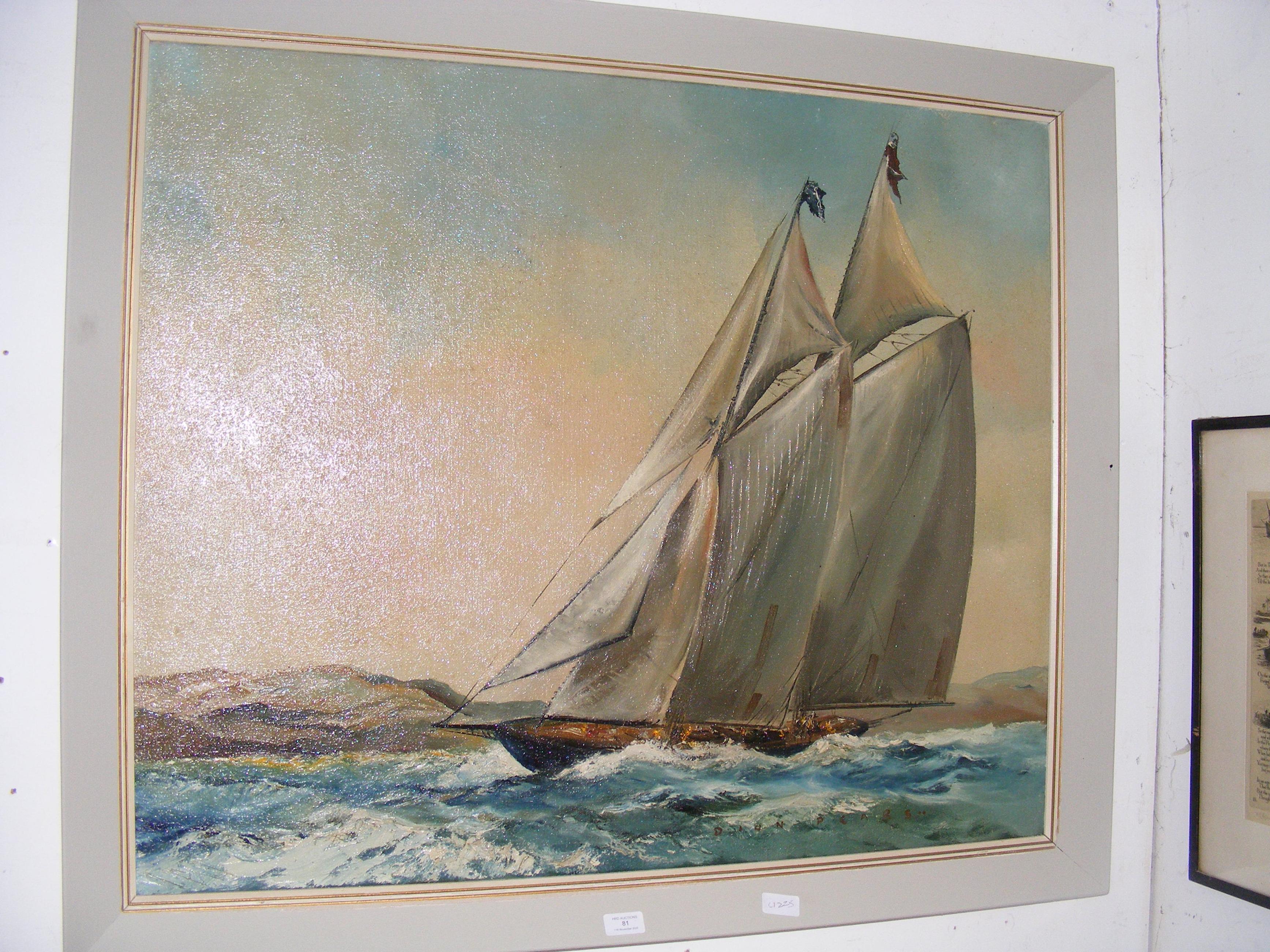 DION PEARS - a large oil on canvas of two masted sailing yacht in rough ...