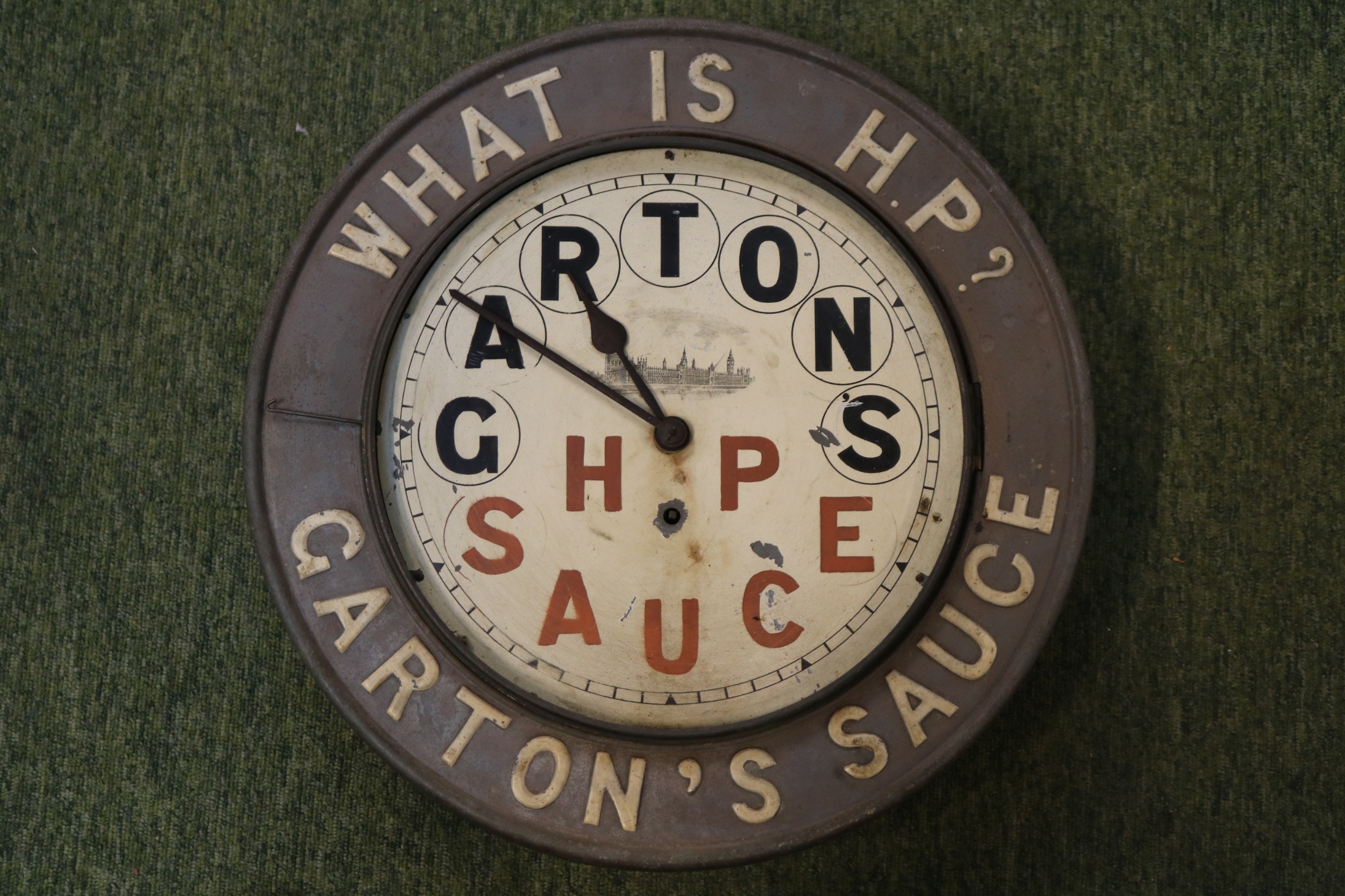 Rare Gartons HP Sauce 'What is H.P?' metal faced advertising wall clock ...