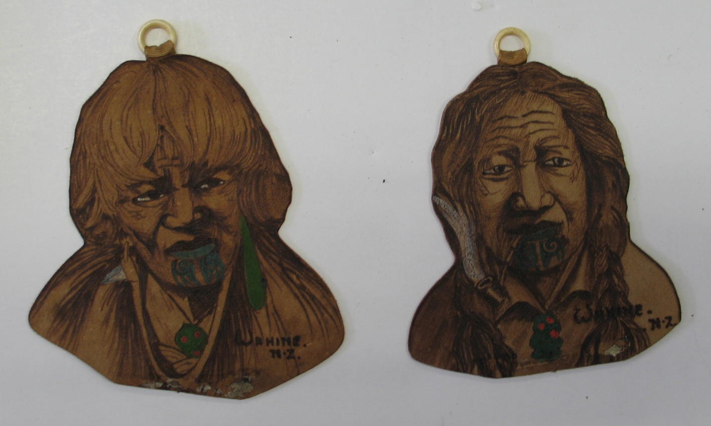 MAORI ART, 2 early 20th c. leather art bookmarks or wall hangings ...