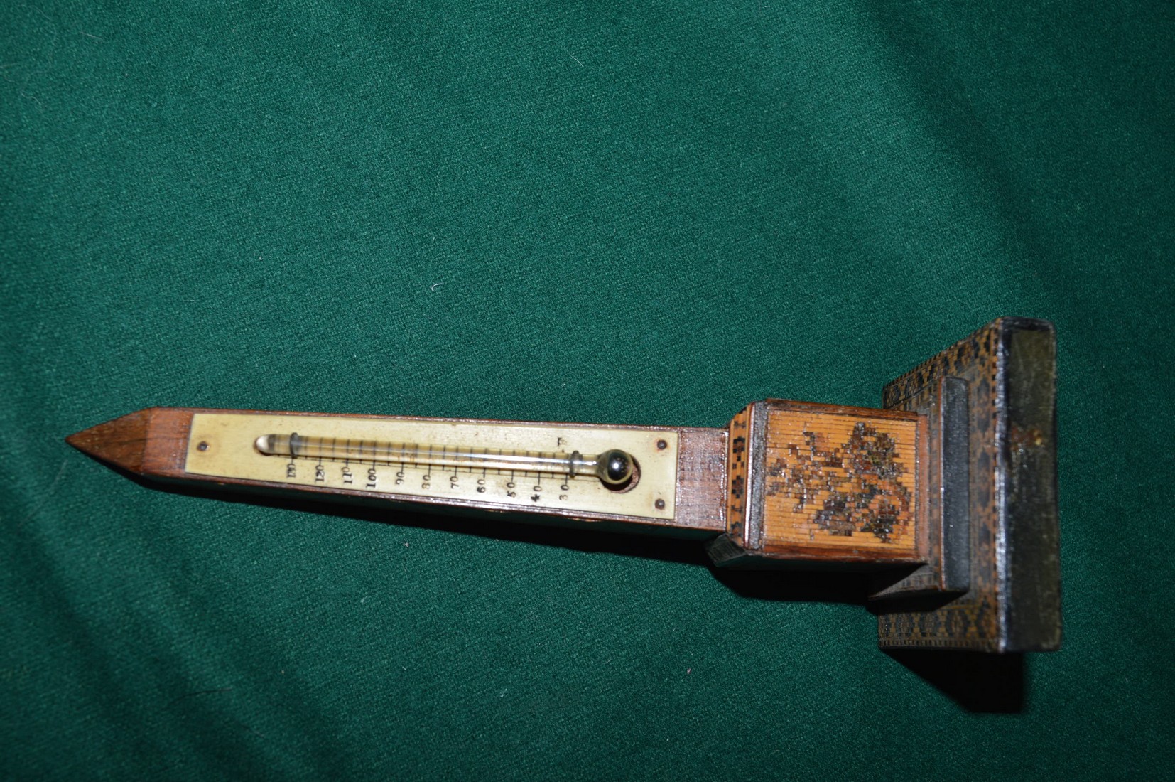Tunbridge ware, a spire shaped thermometer, a watch holder, paperweight ...