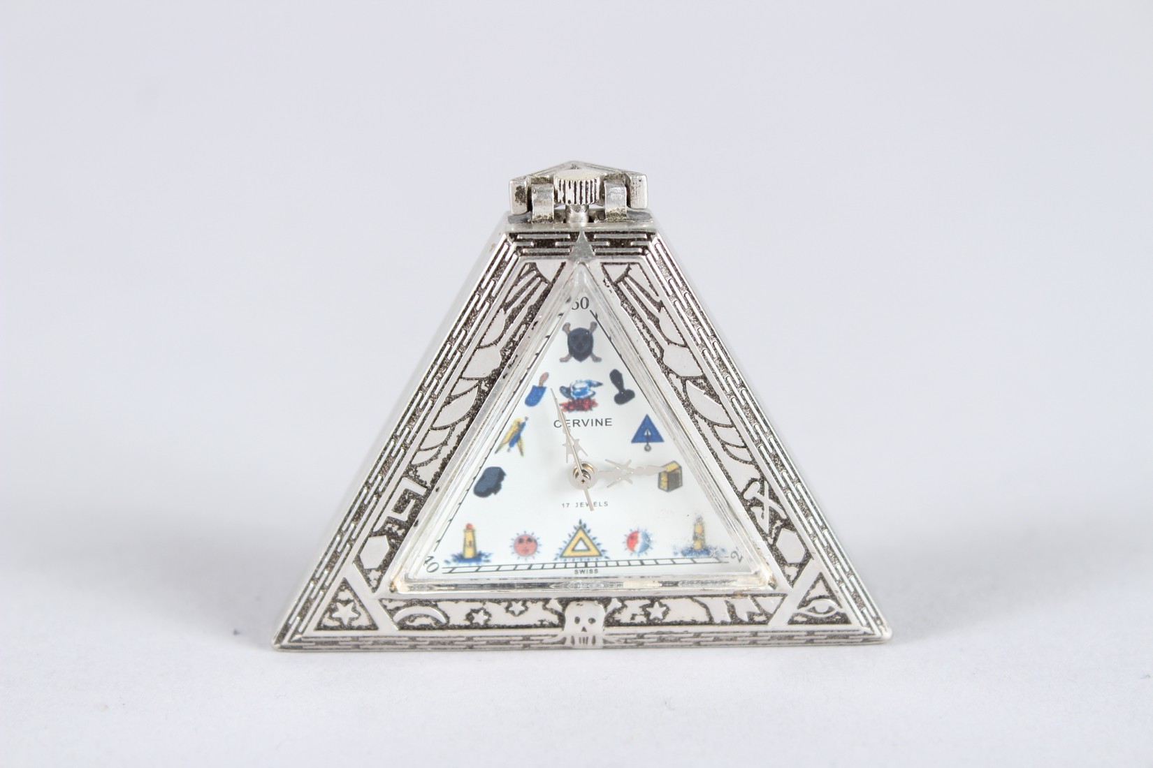 A MASONIC TRIANGULAR SHAPED SILVER POCKET WATCH