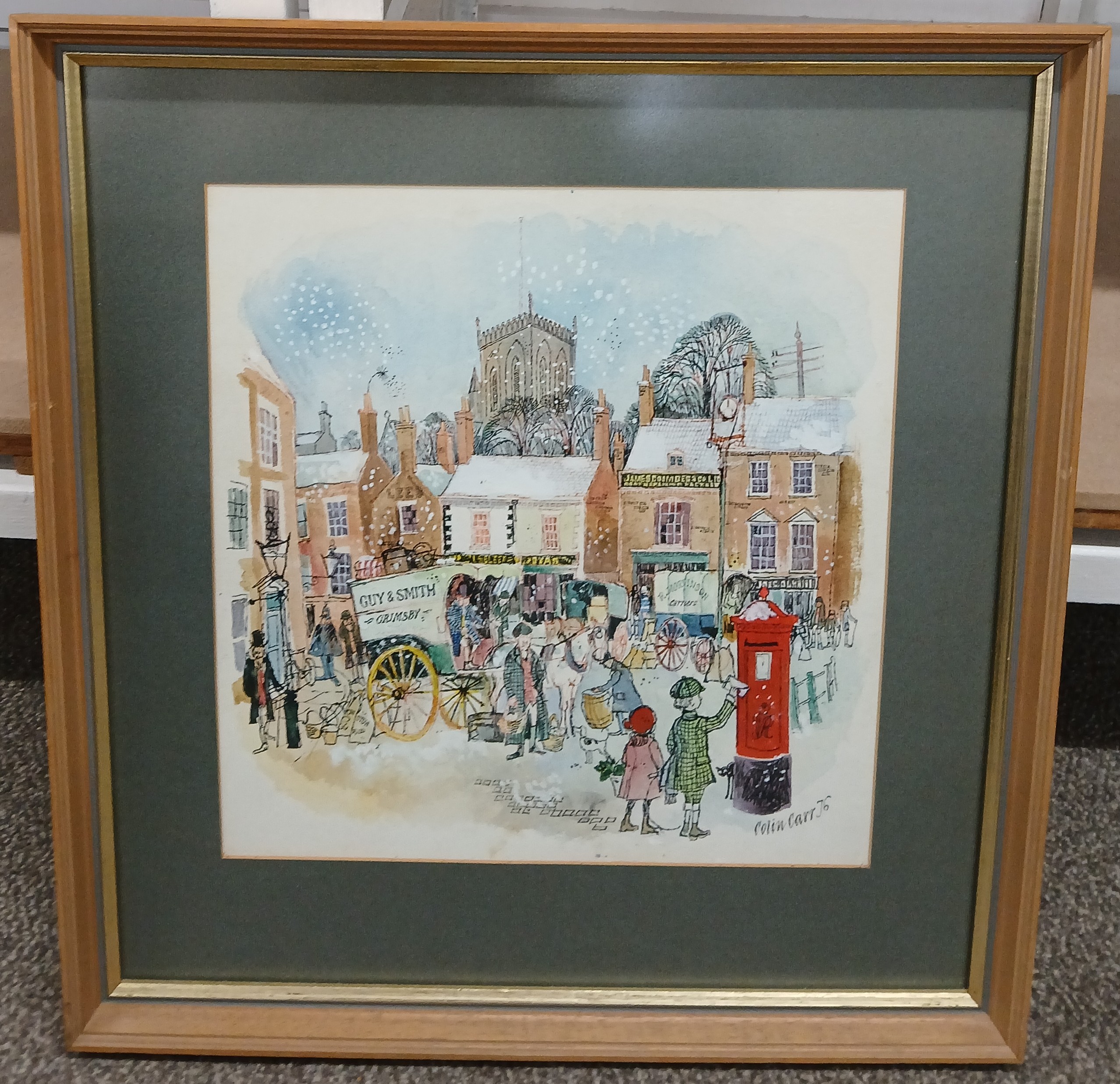 Large framed watercolour / ink / gouache depicting snow scene in ...